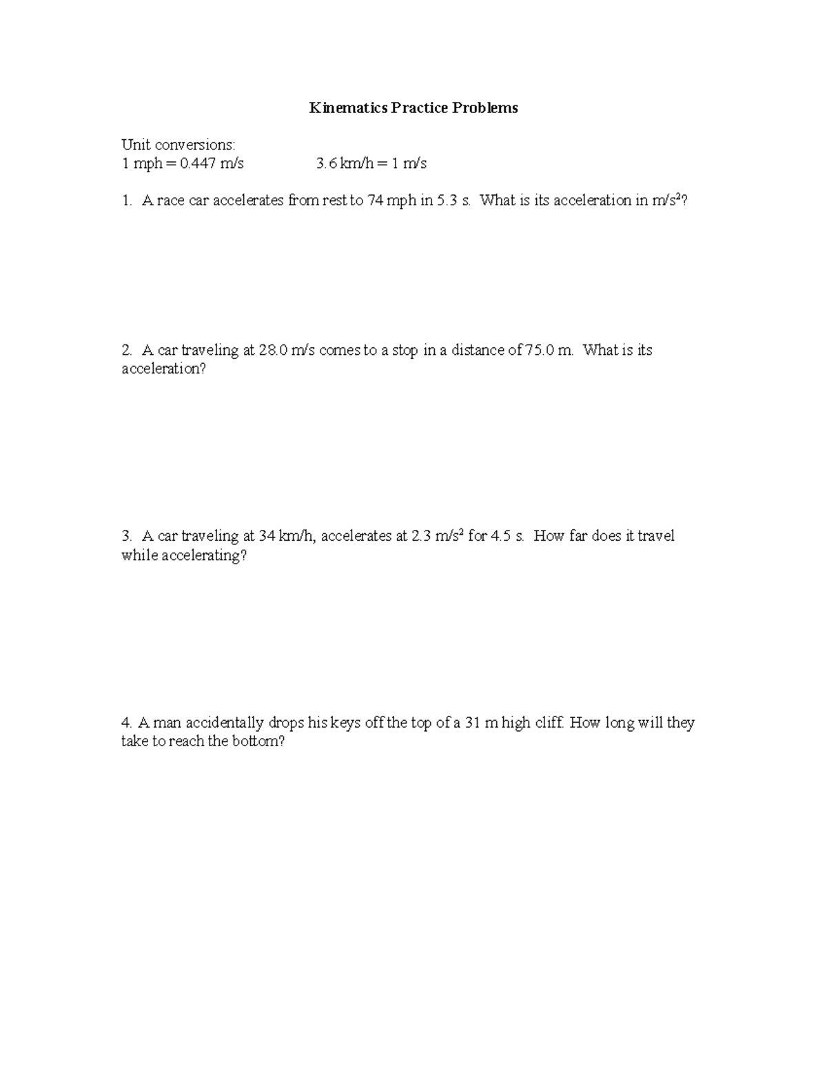 Kinematics practice problems - Kinematics Practice Problems Unit ...