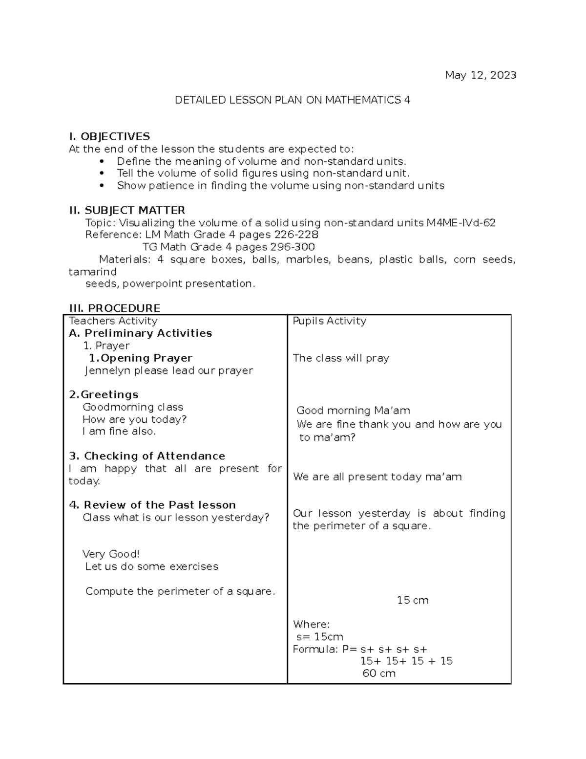 Detailed Lesson PLAN ON Mathematics 4 - May 12, 2023 DETAILED LESSON ...