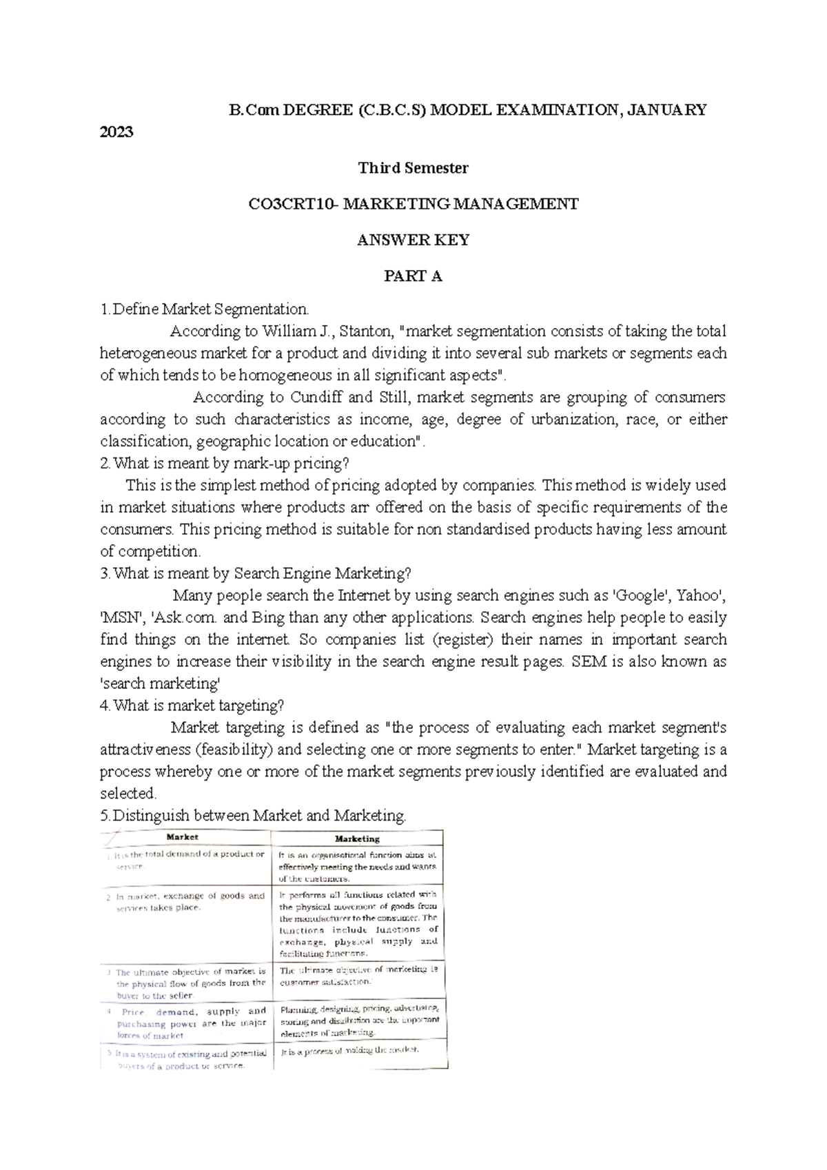 Model Exam Answer key Marketing Management-1 - B DEGREE (C.B.C) MODEL ...