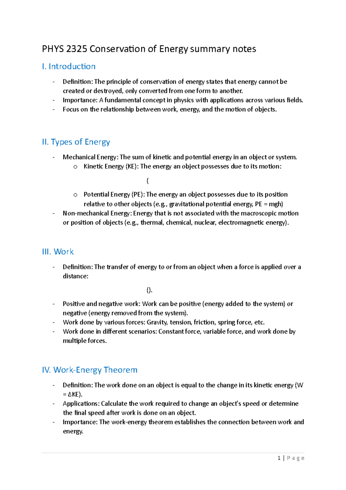 PHYS 2325 Conservation of Energy summary notes - Introduction ...