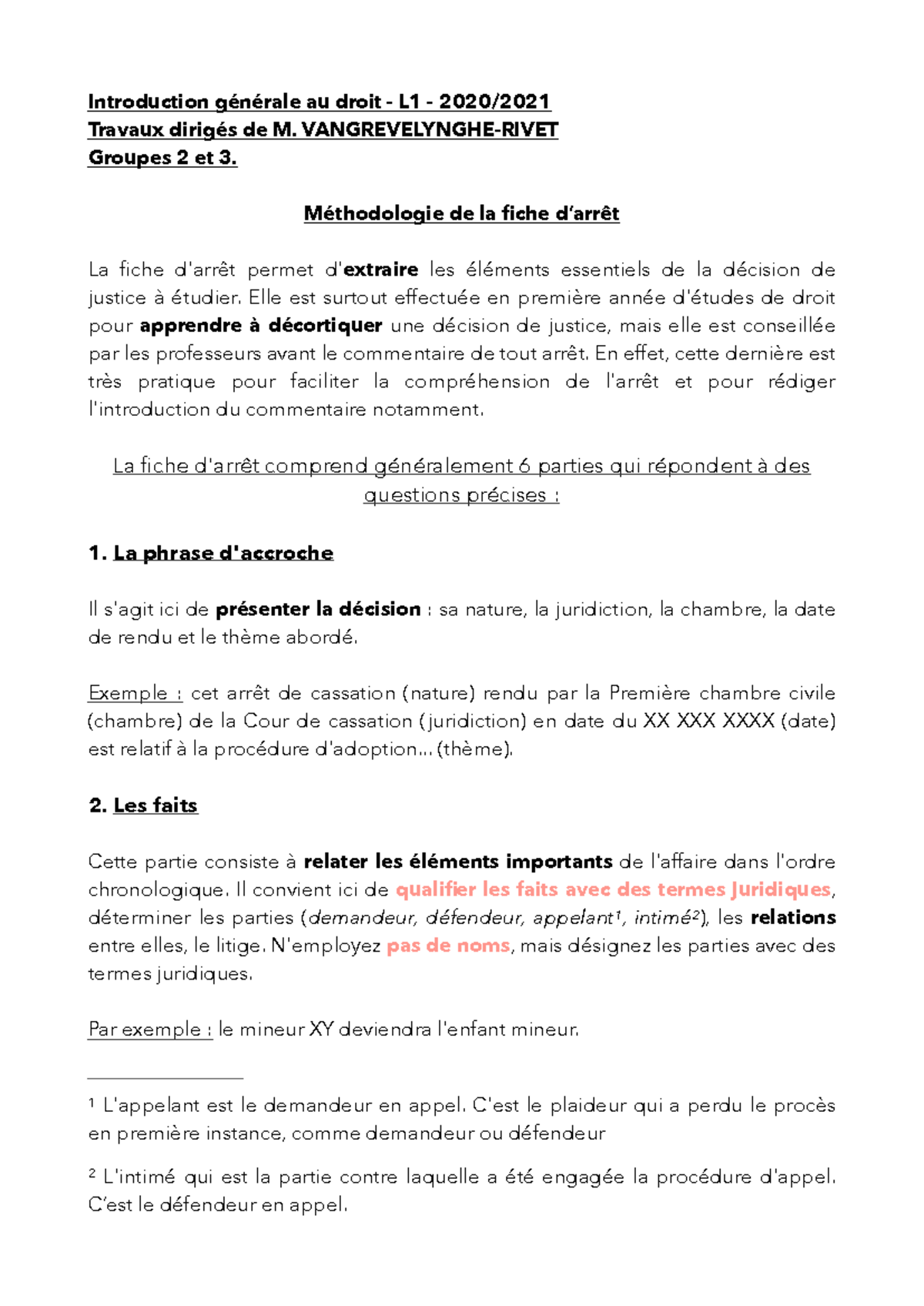 Méthodologie de la fiche d'arrêt - Introduction générale au droit - L1 - 2020/ Travaux dirigés ...
