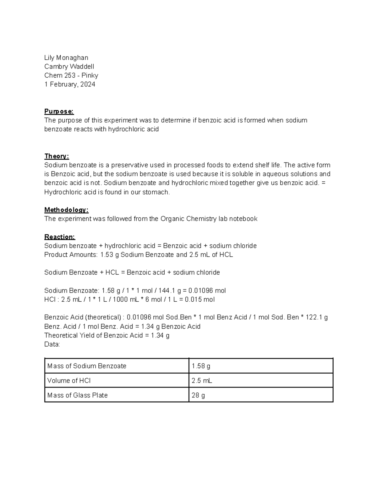 O.Chem Lab Report - Lily Monaghan Cambry Waddell Chem 253 - Pinky 1 ...