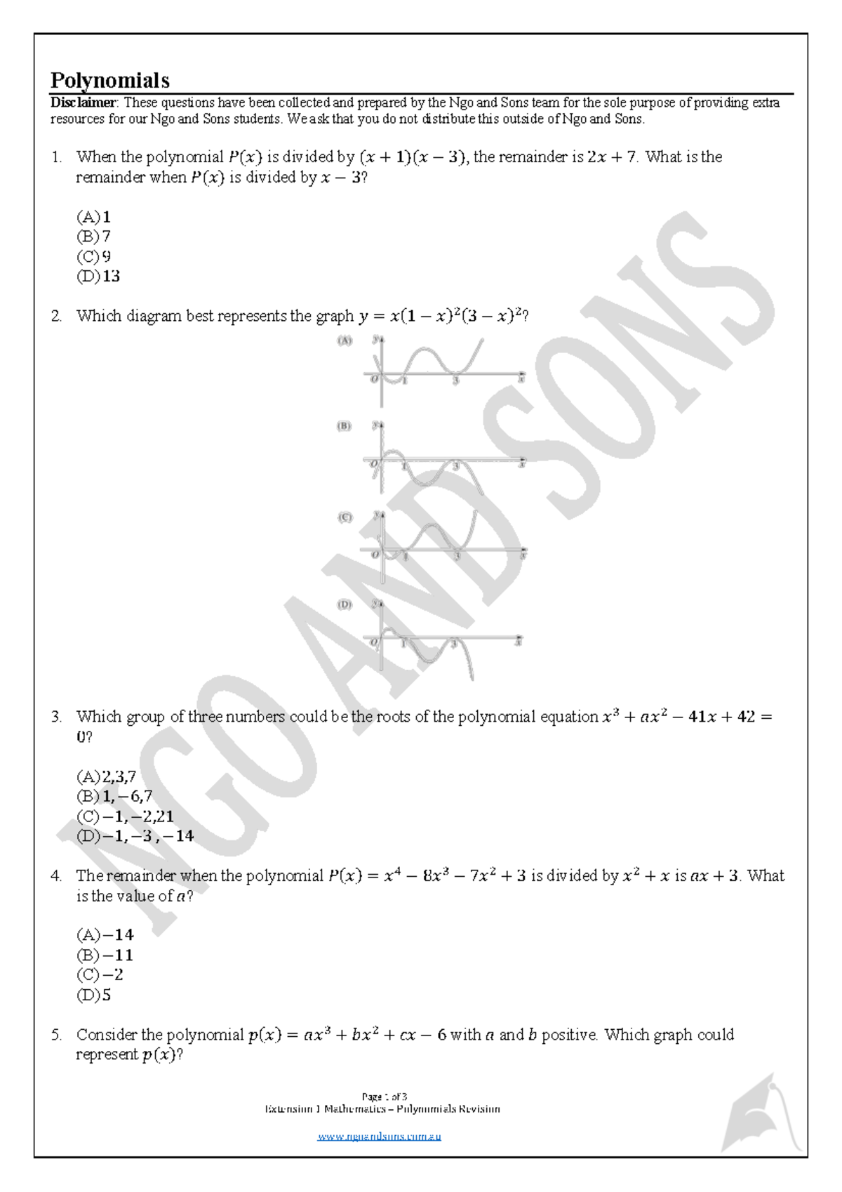 Polynomials Paper 2 - Page 1 of 3 Extension 1 Mathematics – Polynomials ...