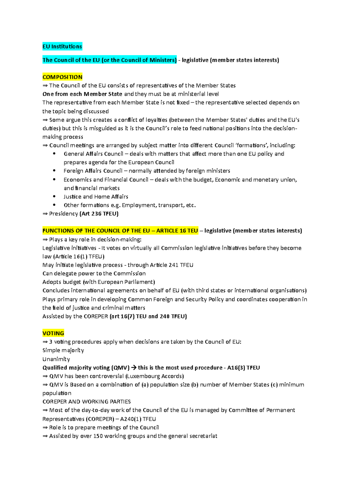 EU Institutions - EU Law Notes, a combination of Digestible Law notes ...