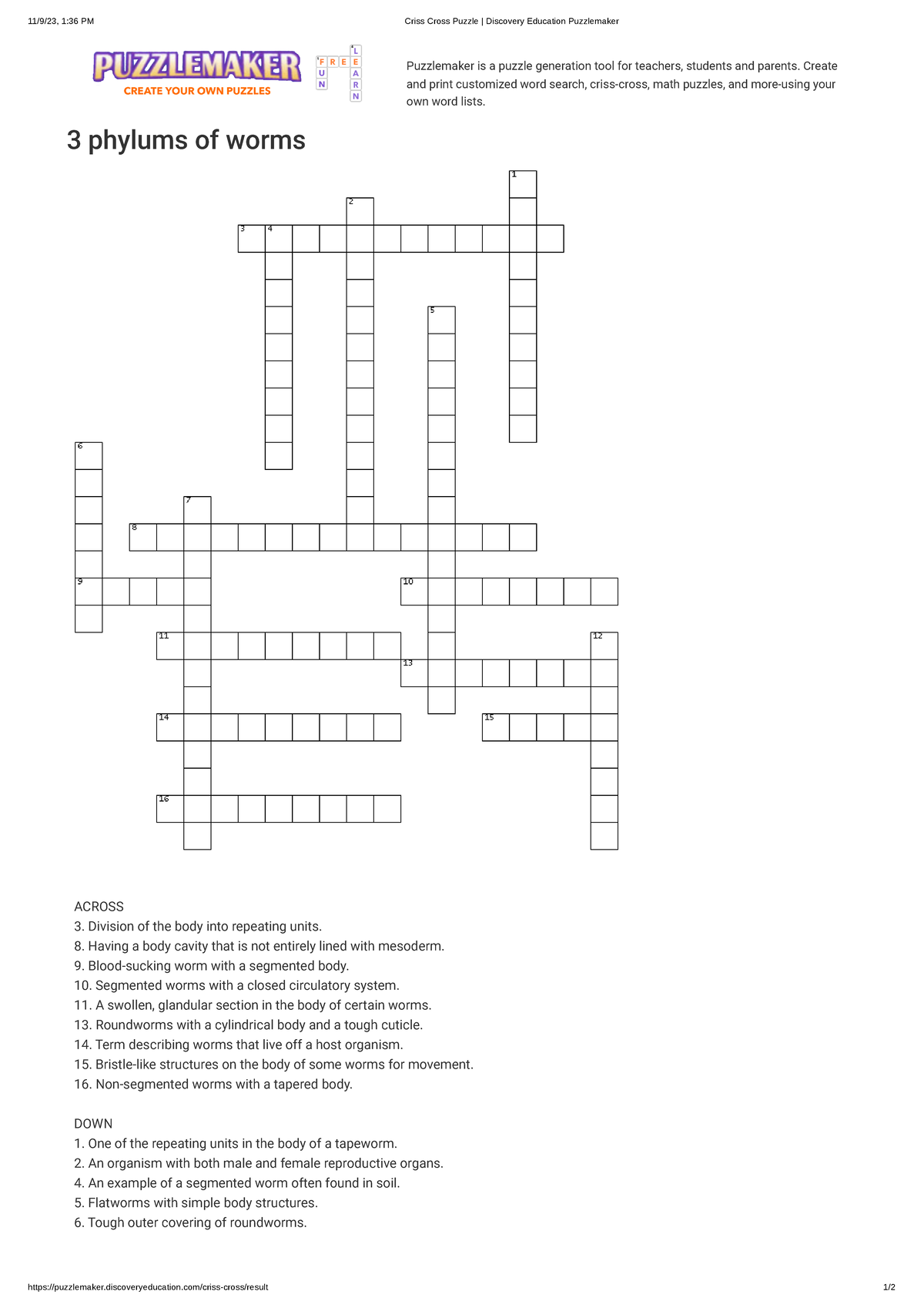 Criss Cross Puzzle Discovery Education Puzzlemaker - 11/9/23, 1:36 PM ...