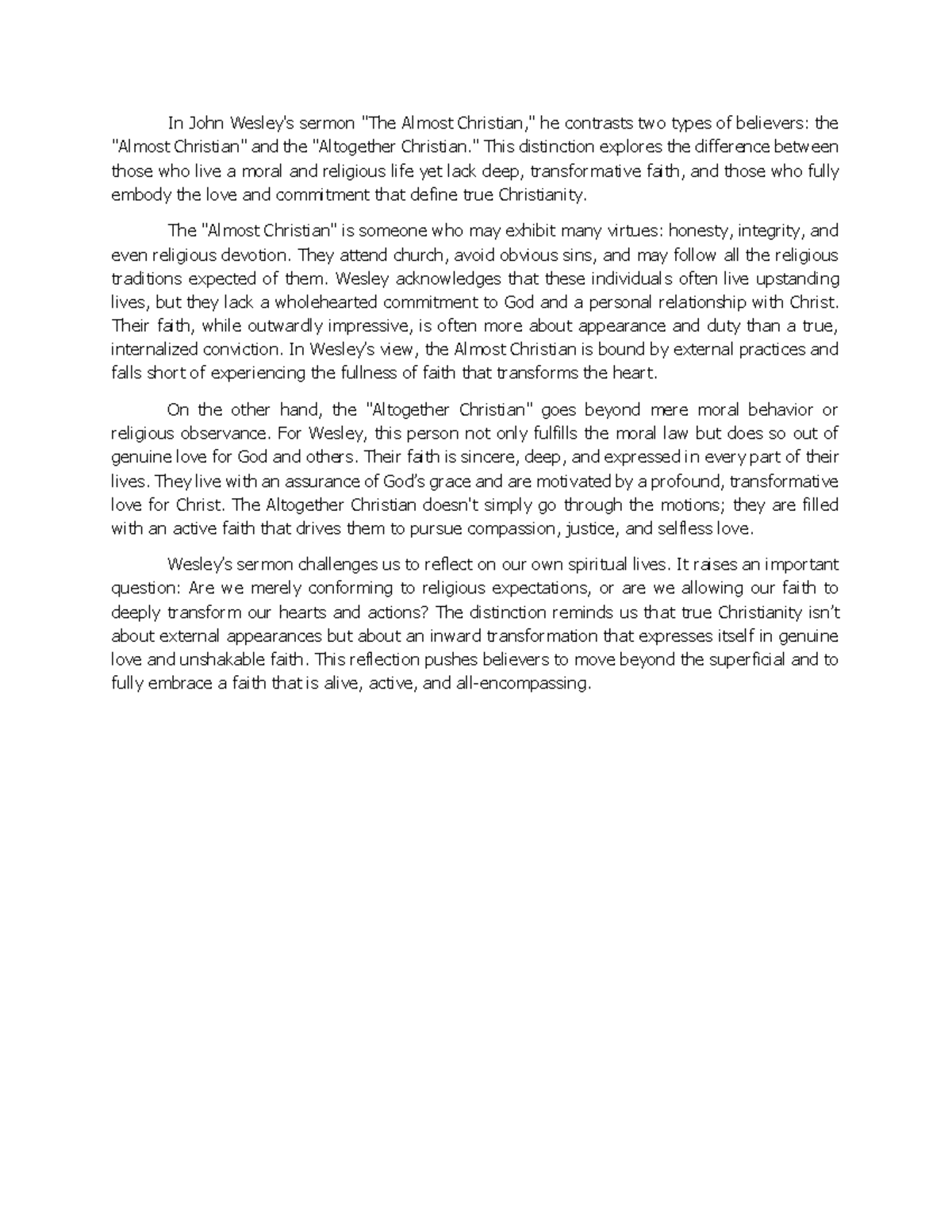 Reflection-Almost Christian - In John Wesley's sermon "The Almost ...