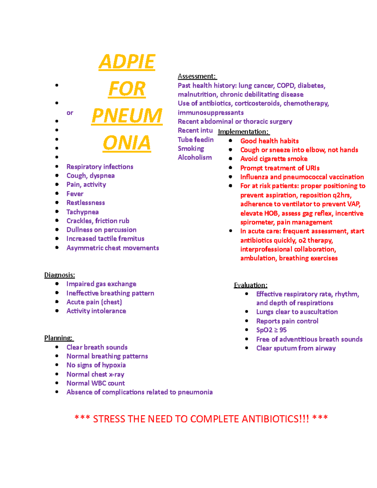 Adpie FOR Pneumonia - Assessment: Past health history: lung cancer ...