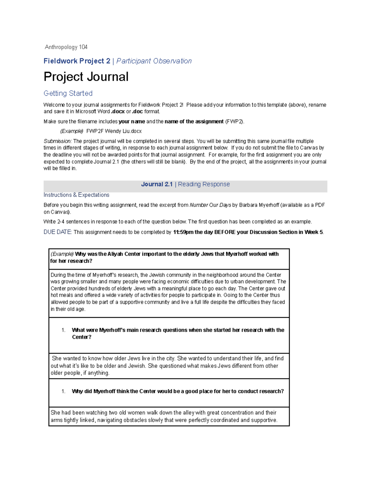 FWP2 - Field work 2 assignment - Anthropology 104 Fieldwork Project 2 ...