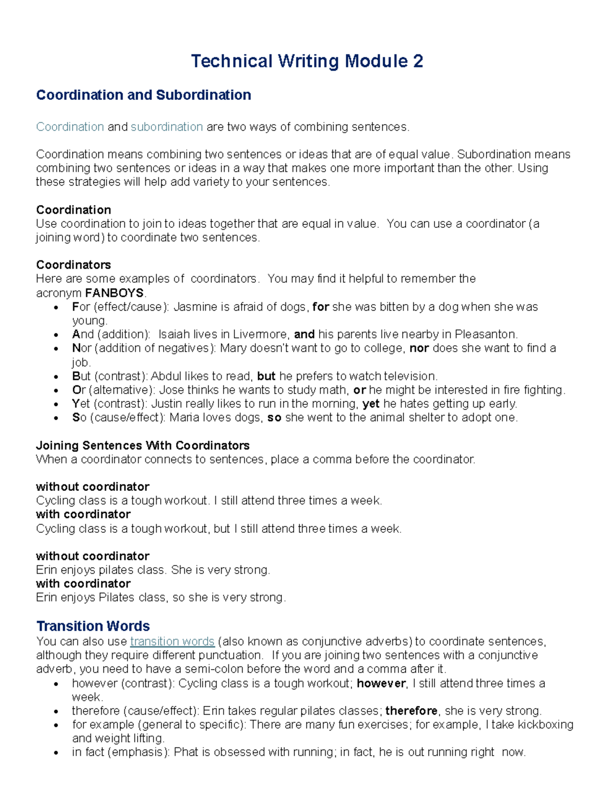 Technical Writing Module 2 - Coordination means combining two sentences ...
