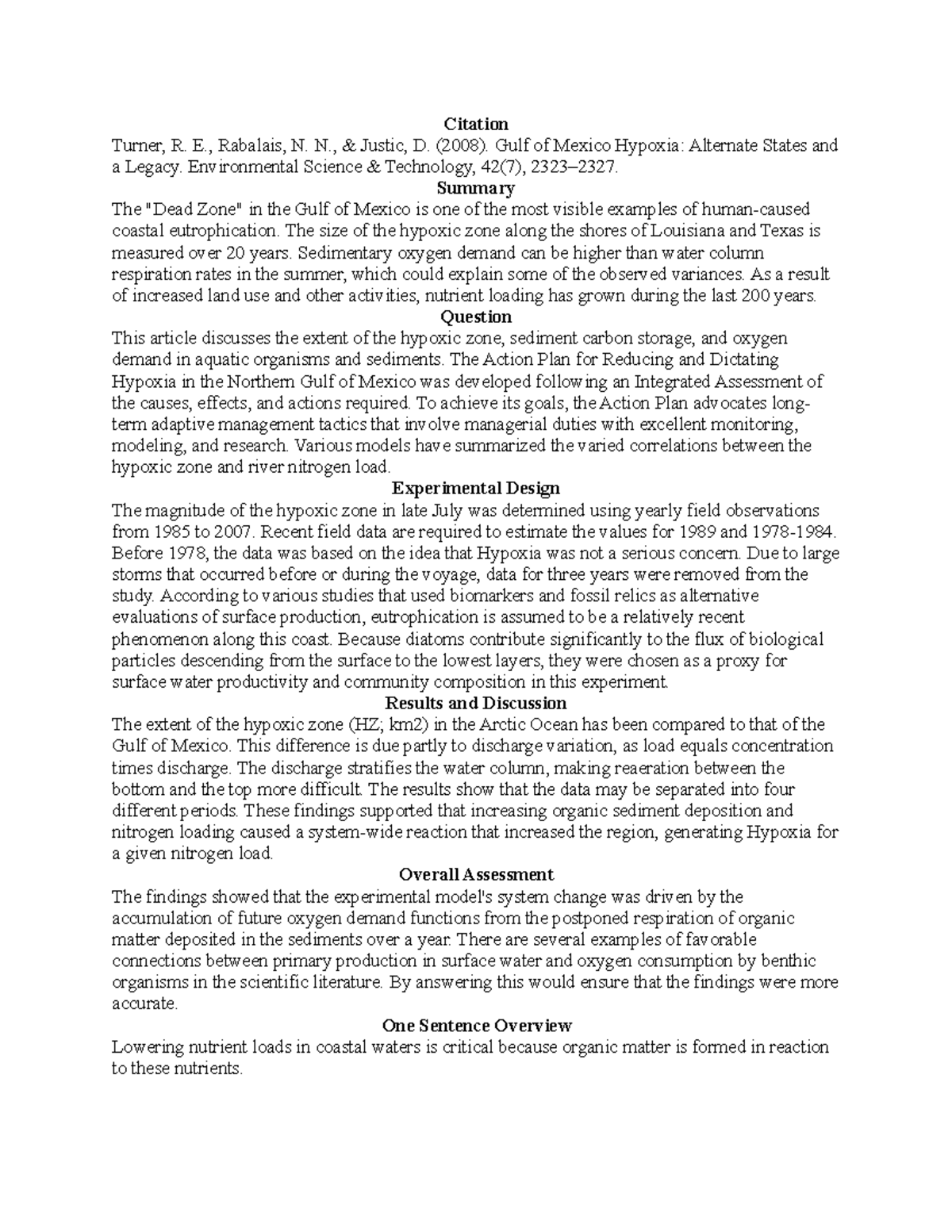 Article Critique 1 copy - Citation Turner, R. E., Rabalais, N. N ...