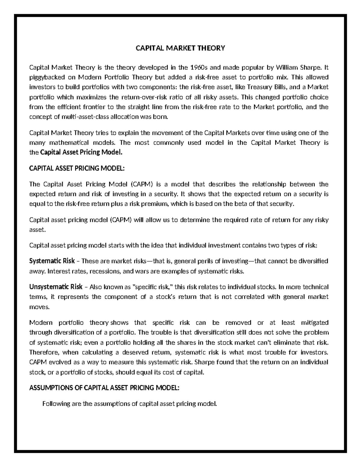 Capital Market Theory - CAPITAL MARKET THEORY Capital Market Theory is the theory developed in ...