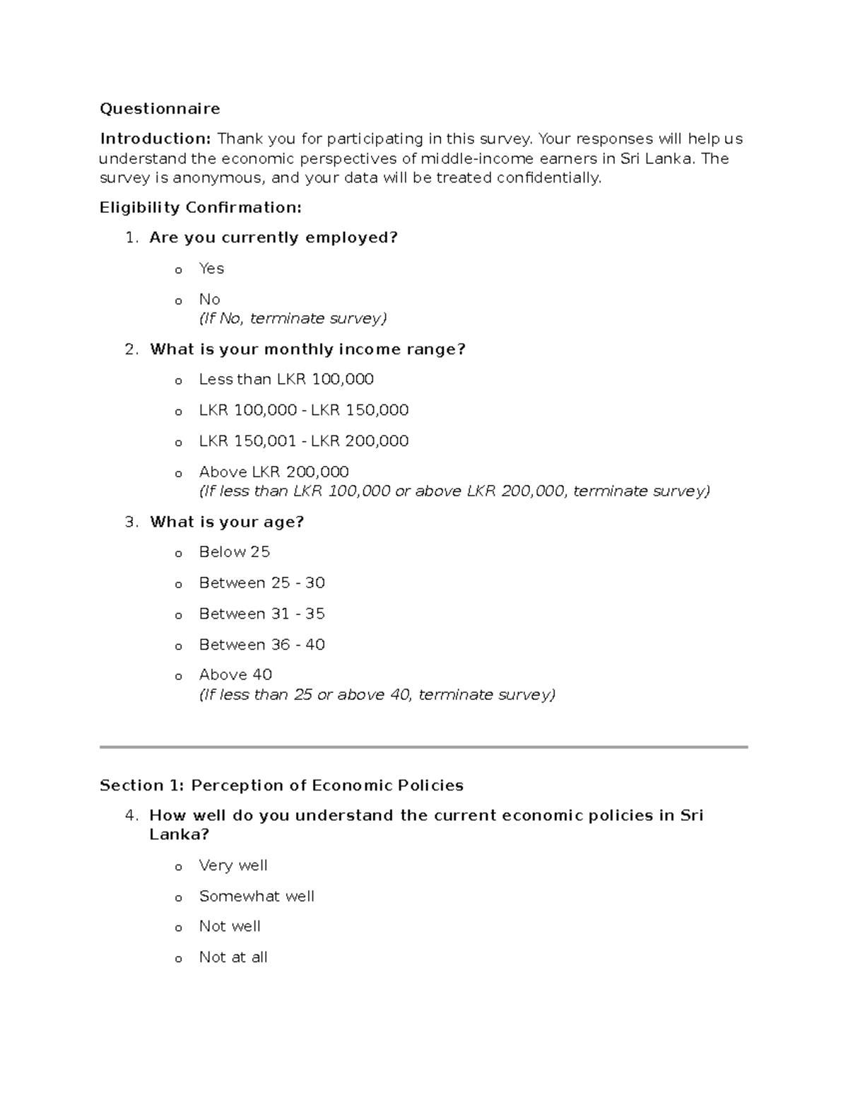 Questionnaire - Quesnire for data collection - Questionnaire ...