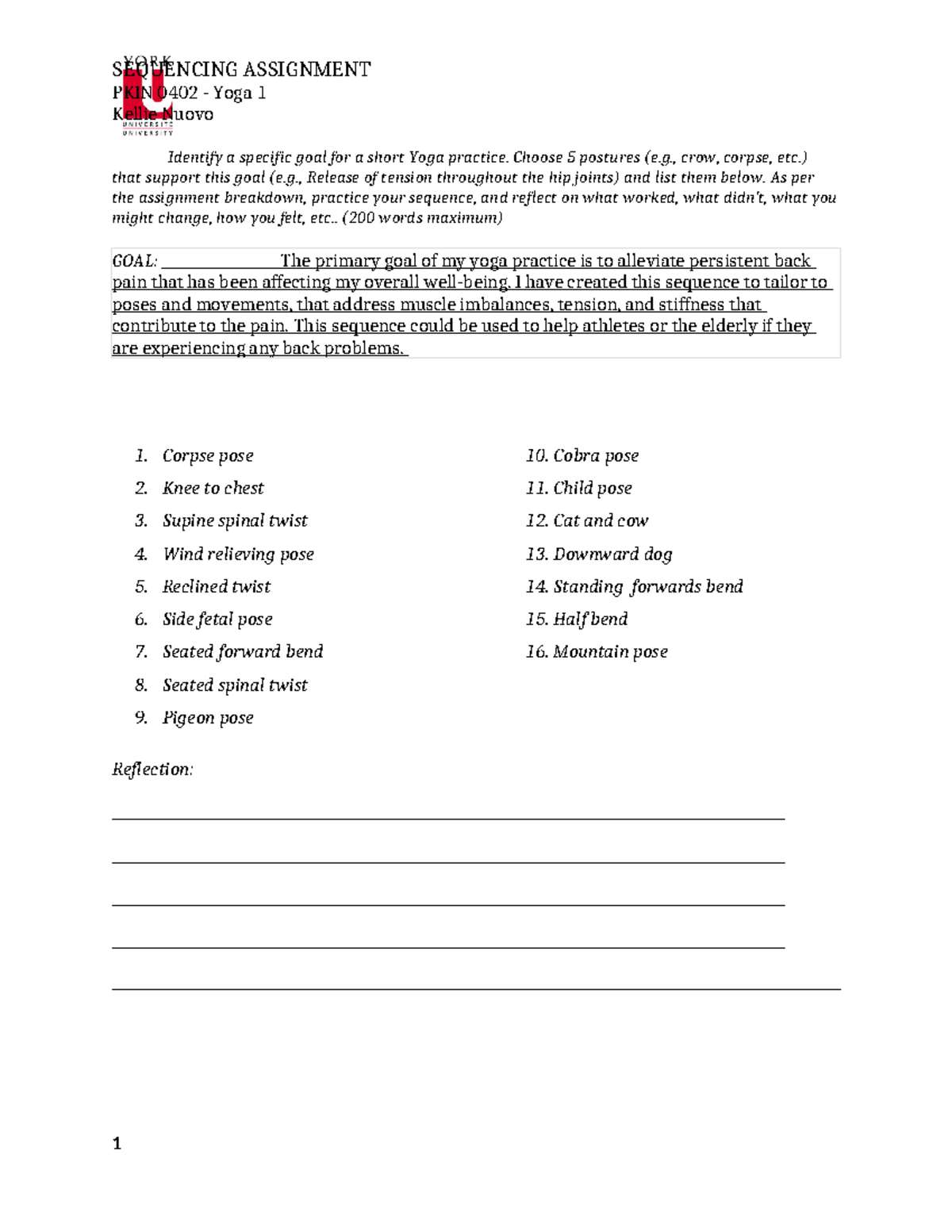 Sequencing Revised - final assignment - SEQUENCING ASSIGNMENT PKIN 0402 - Yoga 1 Kellie Nuovo ...