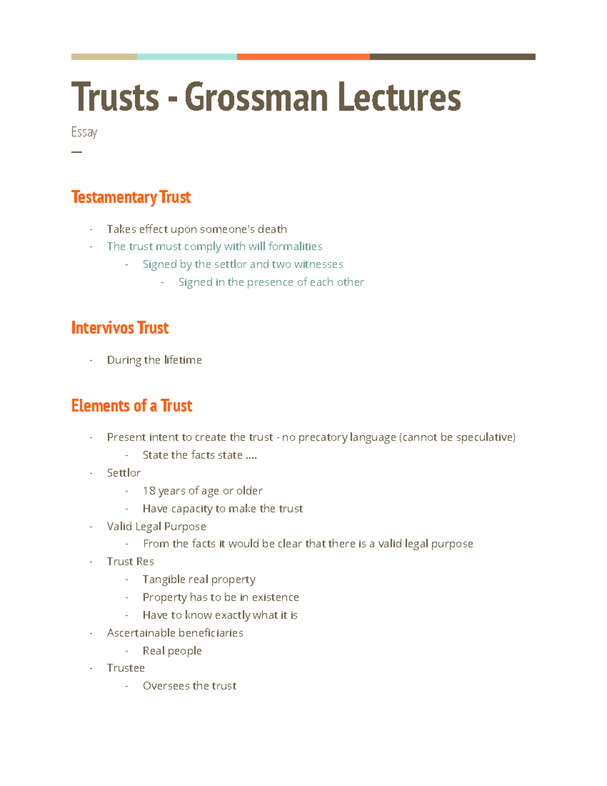 Trusts - Lecture notes Entire Course - Trusts - Grossman Lectures Essay ...