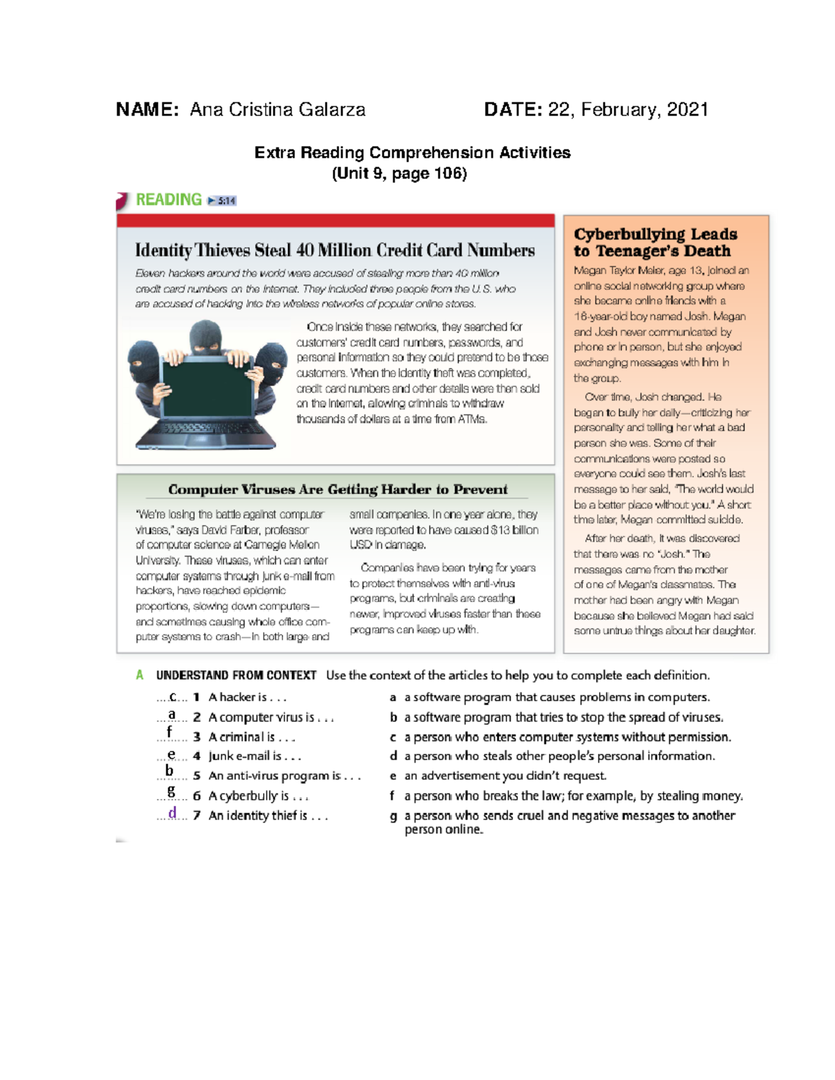 Reading unit 9 - NAME: Ana Cristina Galarza DATE: 22, February, 2021 ...