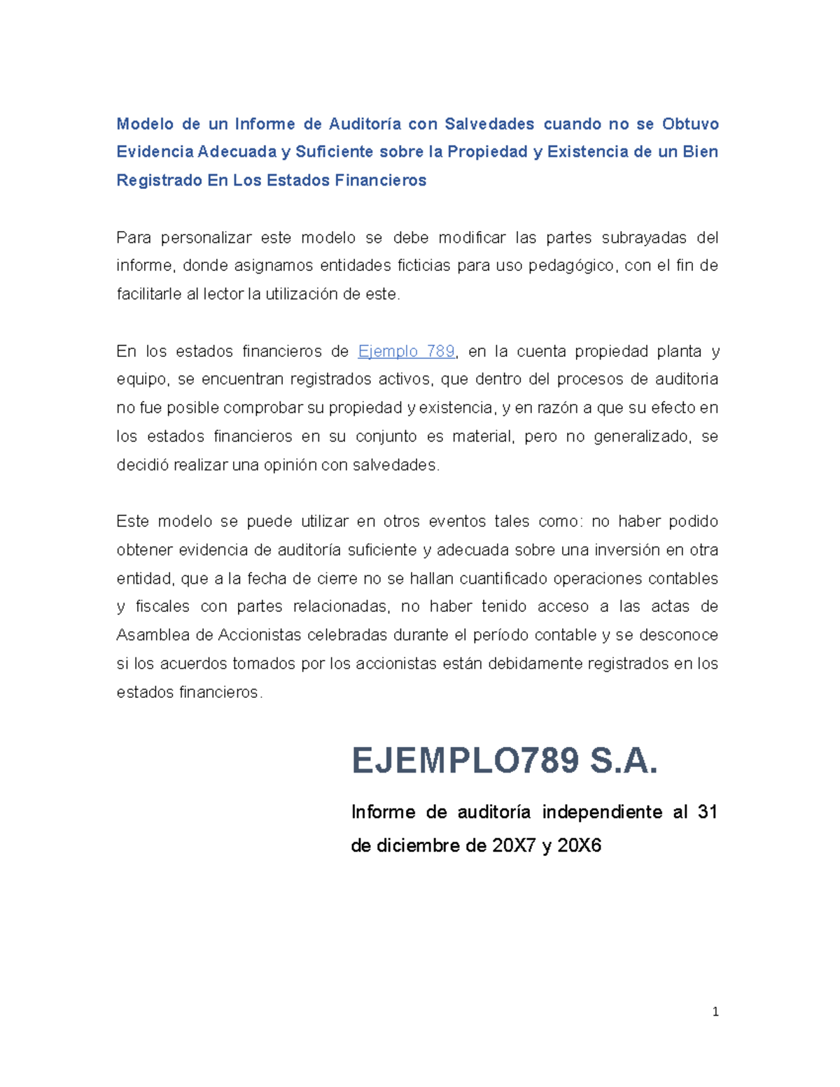 Modelo de un Informe de Auditoria con Salvedades cuando no se Obtuvo Evidencia Adecuada y ...