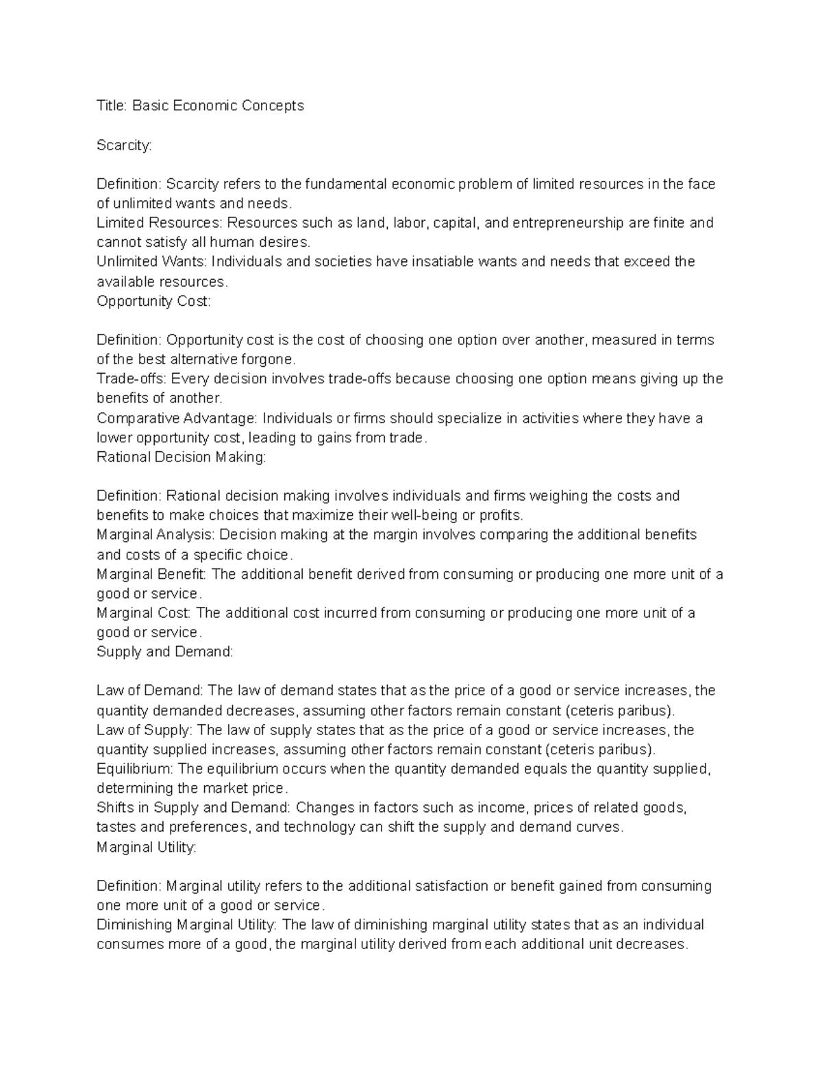 ECO 201 Basic Concepts - Title: Basic Economic Concepts Scarcity ...