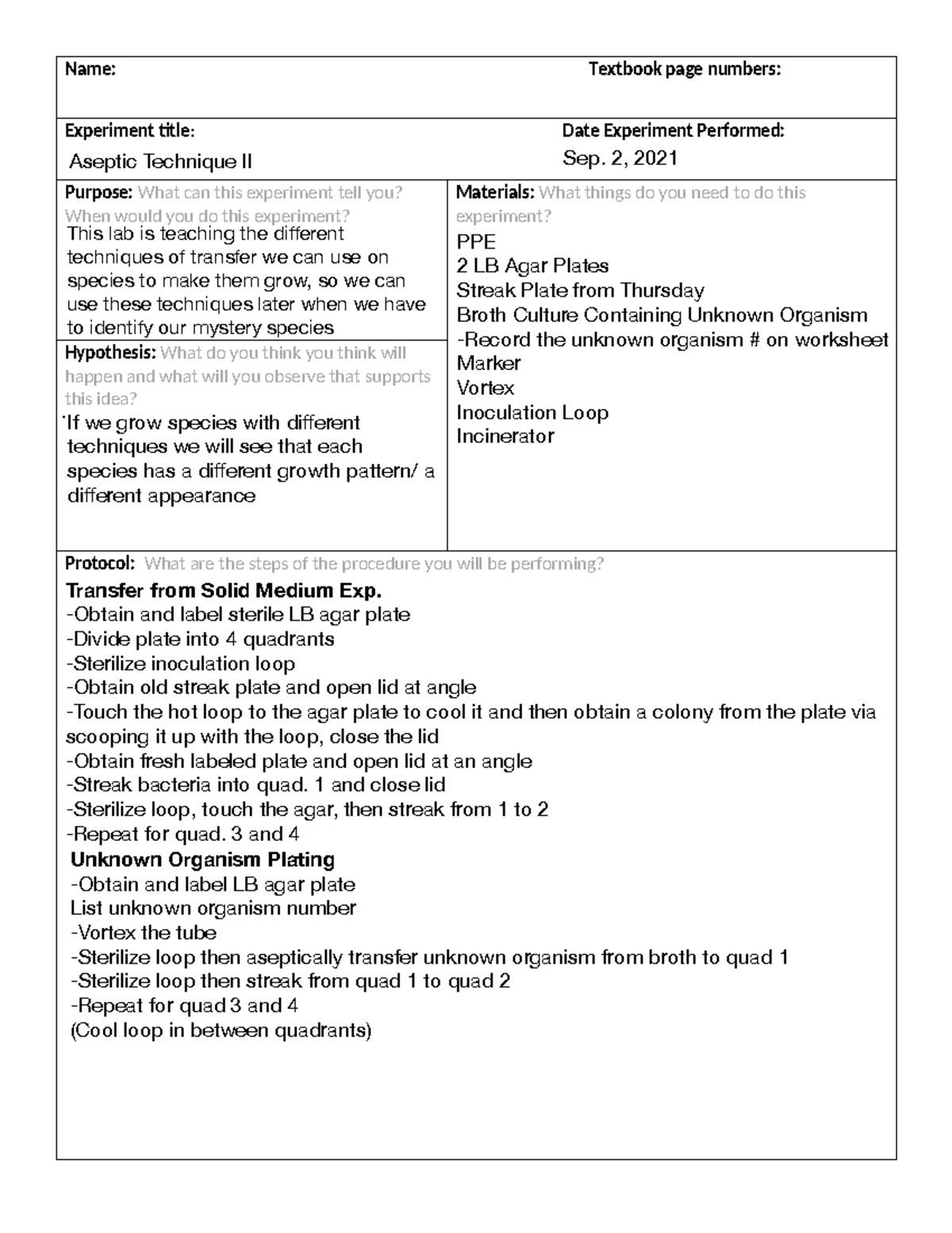 BIOL 258 Aseptic Technique II - LAB SHEET - Name: Textbook page numbers ...