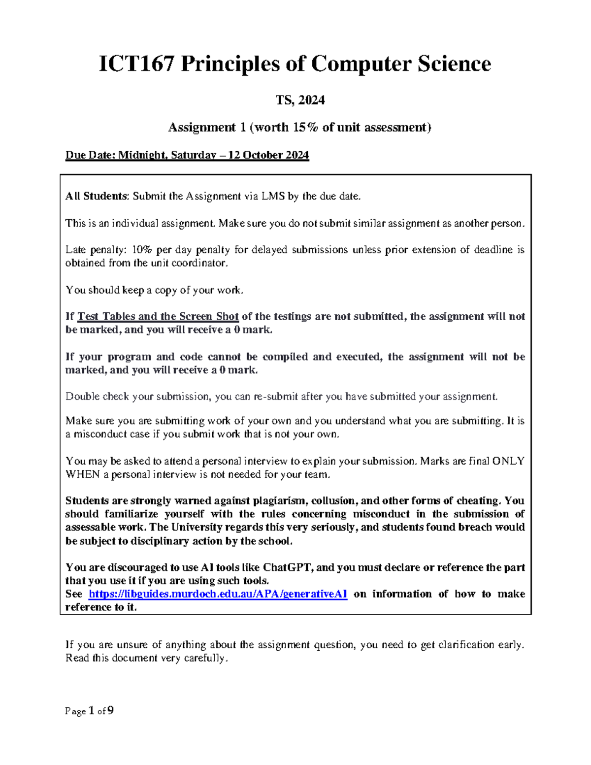 ICT167-Assignment-1-2024 TS - ICT167 Principles of Computer Science TS, 20 24 Assignment 1 ...