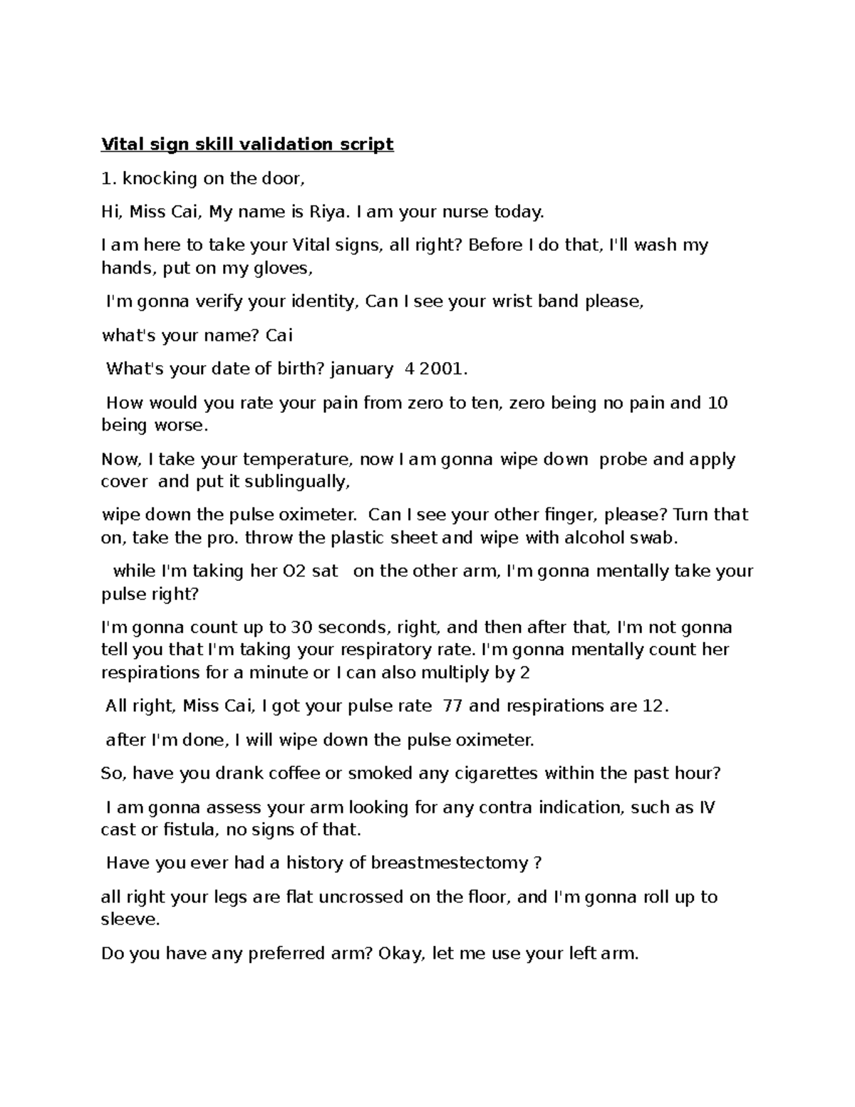 Vital sign skill validation script - Vital sign skill validation script knocking on the door, Hi ...