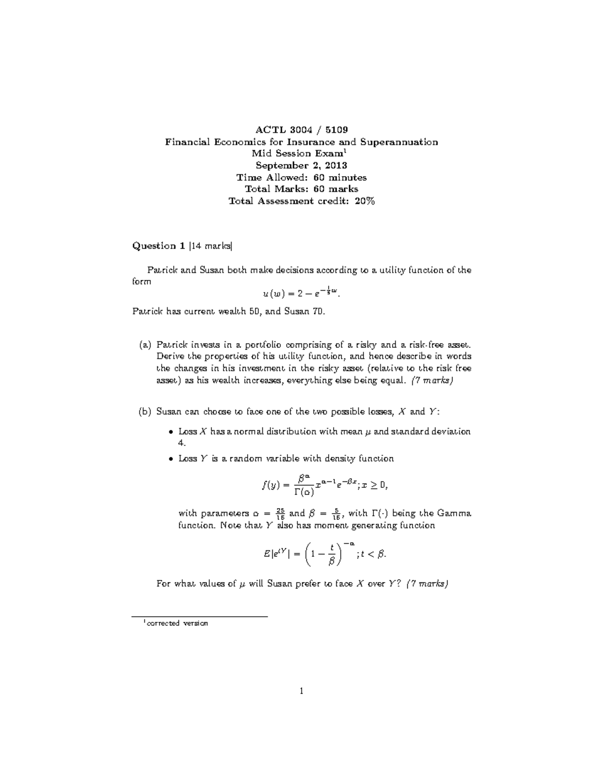 2013 MIDSEM exam paper - ACTL3182 - UNSW Sydney - Studocu