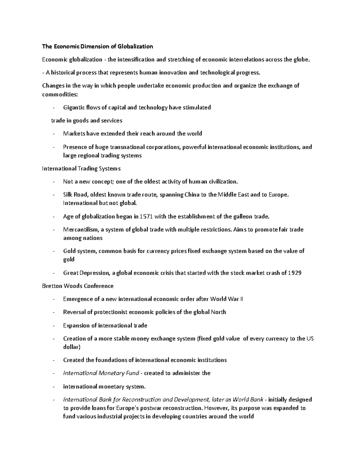 Dimension of Globalization - The Economic Dimension of Globalization ...