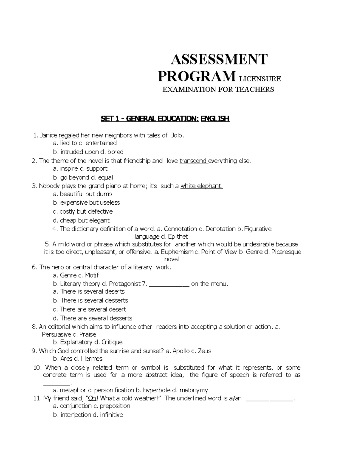 Licensure Examination FOR Teachers - ASSESSMENT PROGRAM LICENSURE ...