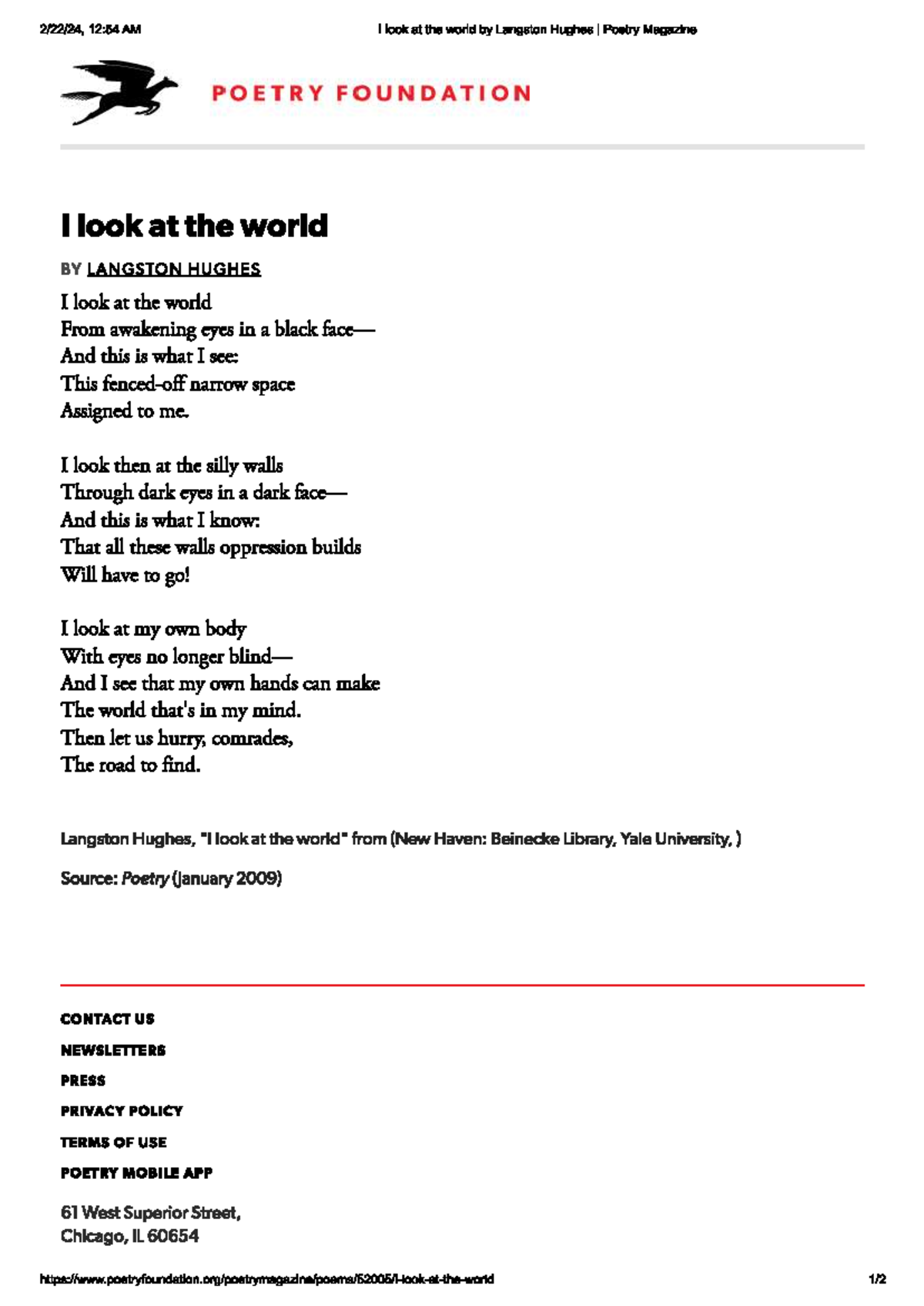 Langston Hughes poem - Poetry - 12:54 AM I look at the world Langston ...