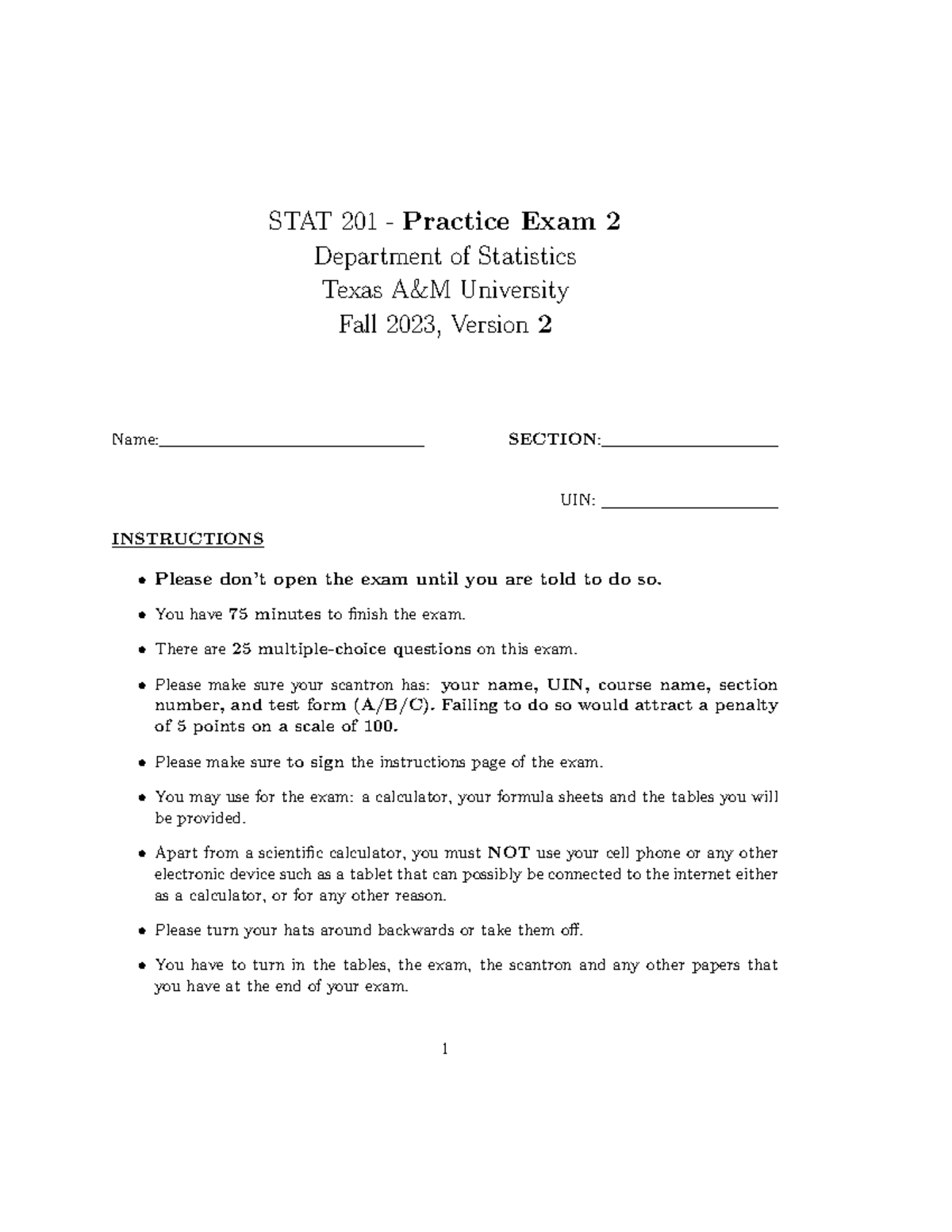 Fall23 Stat 201 Practice Problems Exam 2 Version 2 - STAT 201 ...