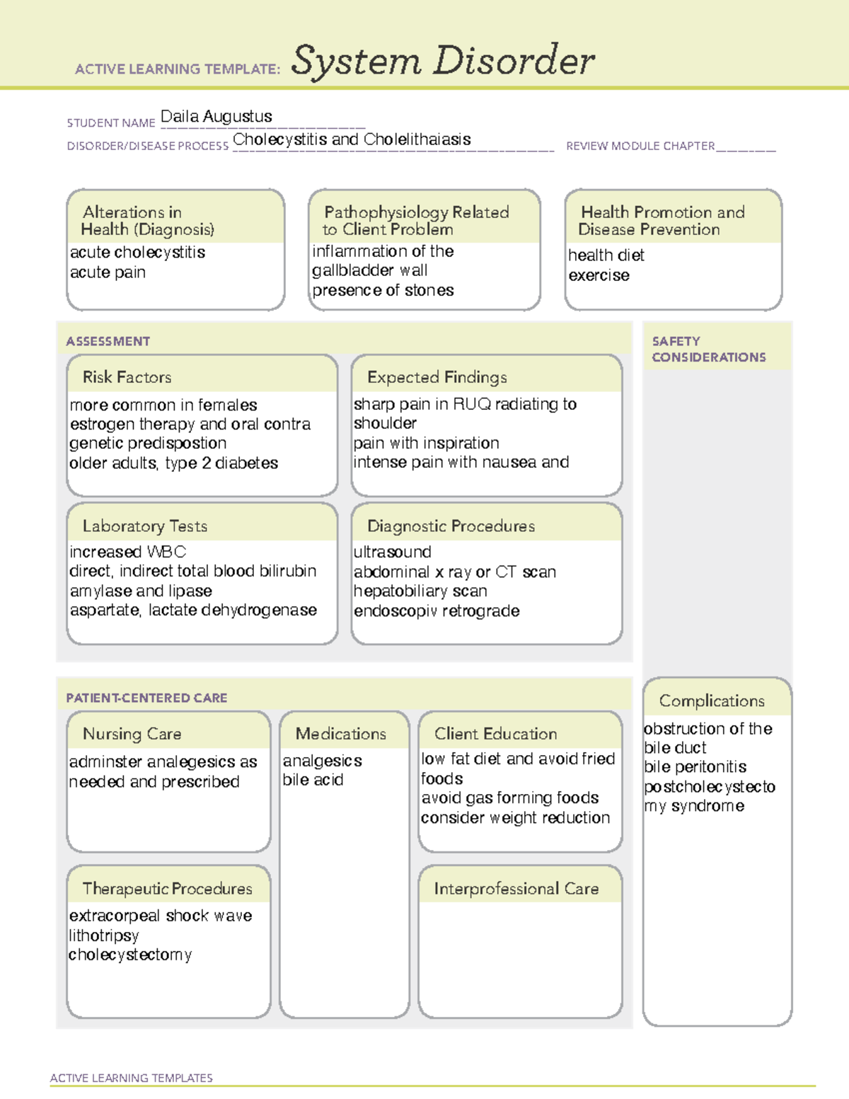 Cholecytsis ati - Ari - ACTIVE LEARNING TEMPLATES System Disorder ...