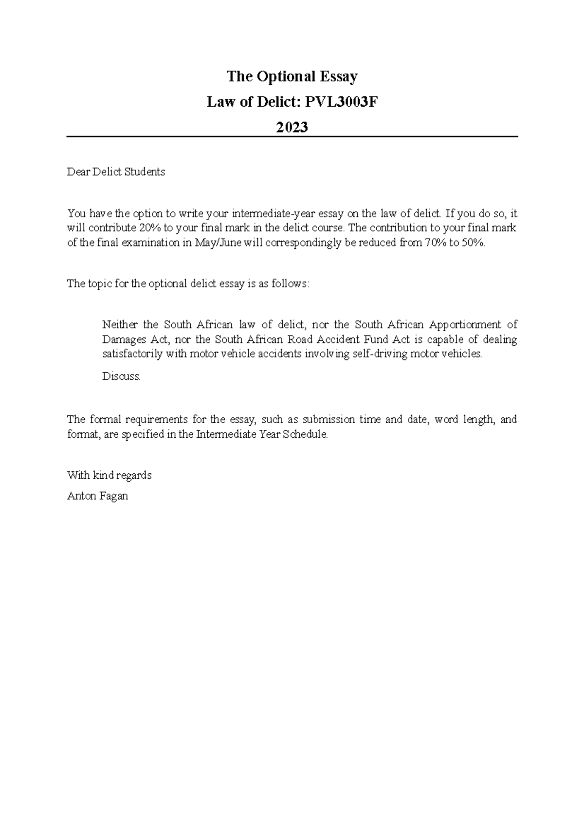 PVL3003F Delict Optional Essay 2023 - The Optional Essay Law of Delict ...