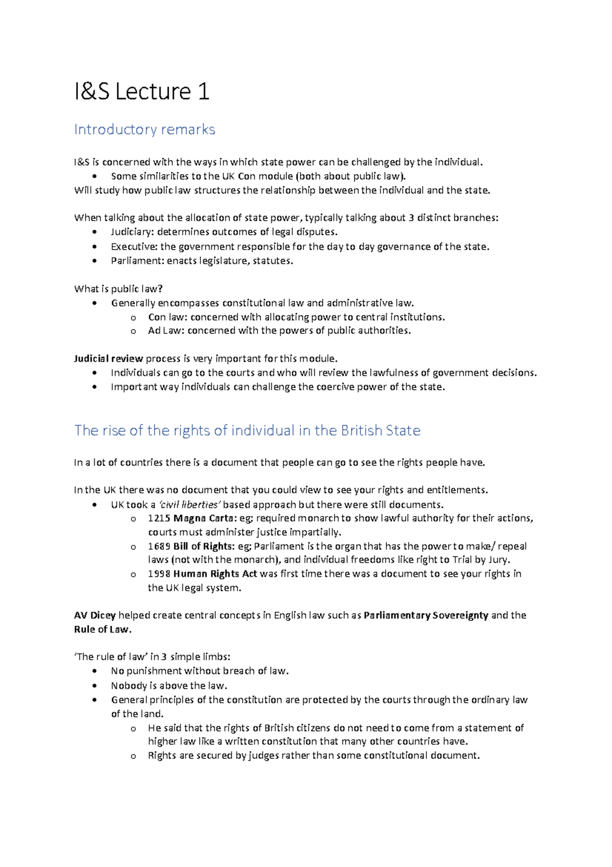Individual and the State Lecture 1 notes - I&S Lecture 1 Introductory ...