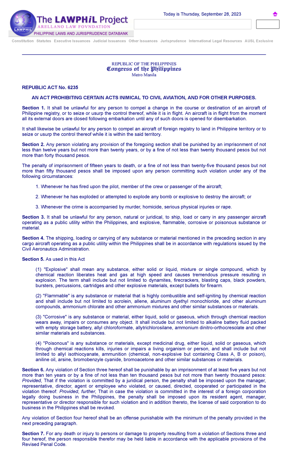 R.A. 6235- ANTI- Hijacking LAW - Constitution Statutes Executive ...