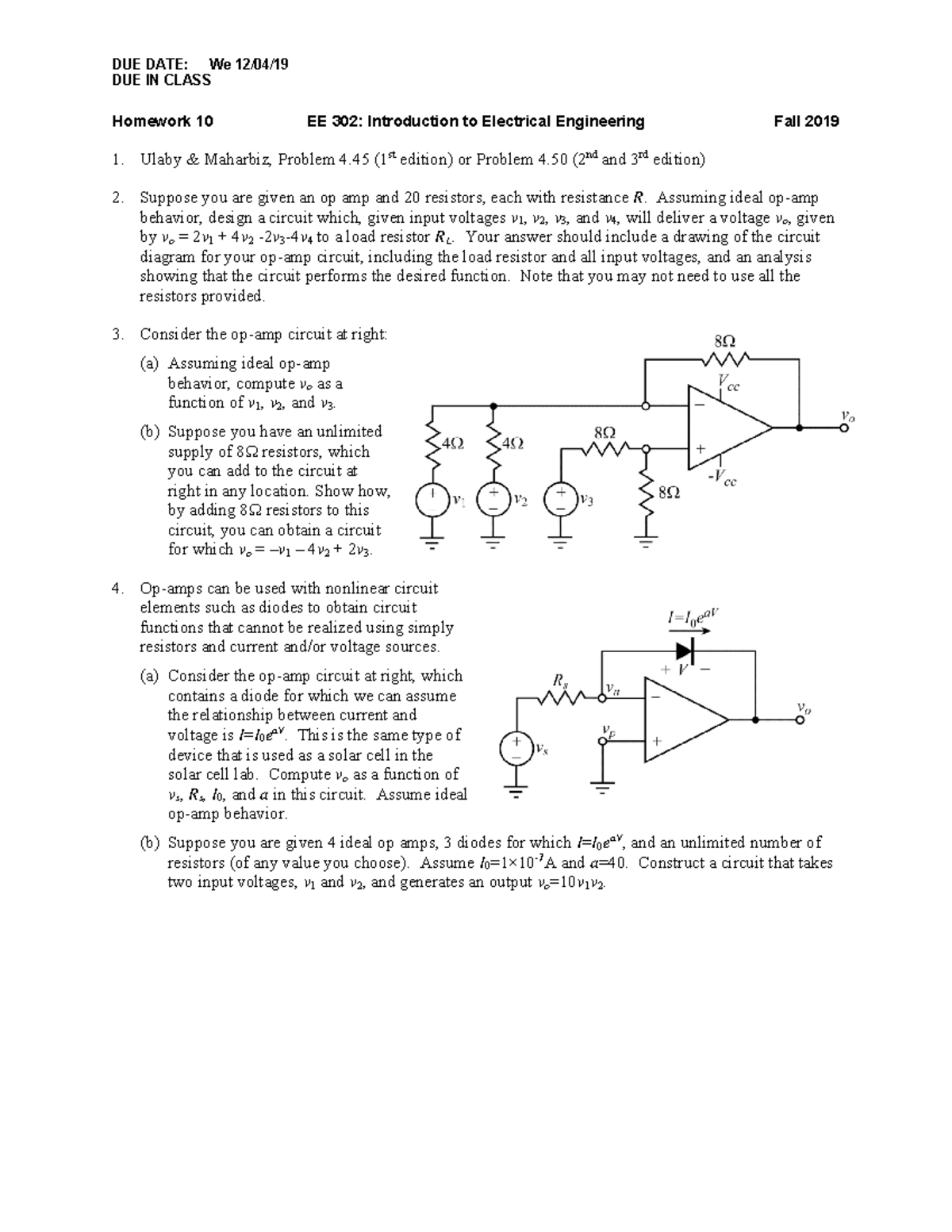 HW10 F19 - HW 10 of EE302 - DUE DATE: We 12/04/ DUE IN CLASS Homework 10 EE 302: Introduction to ...