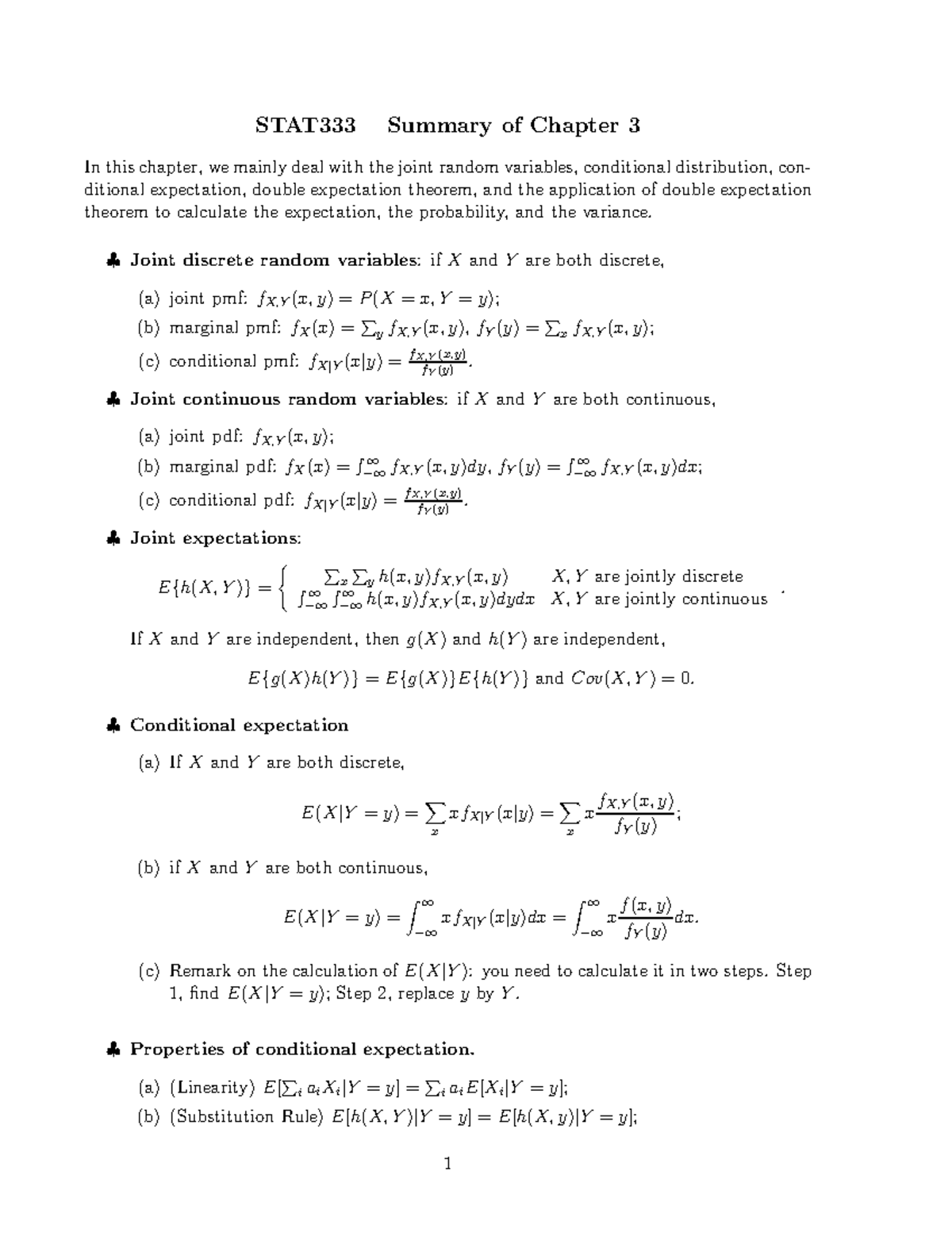 Ch3 summary - STAT333 Summary of Chapter 3 In this chapter, we mainly deal with the joint random ...
