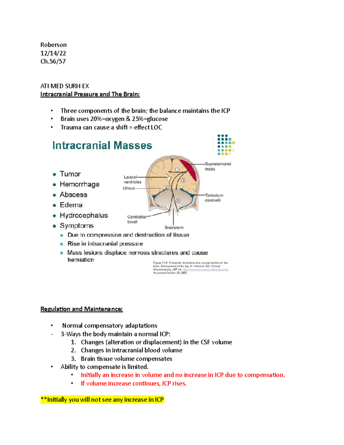 Roberson - notes - Roberson 12/14/ Ch/ ATI MED SURH EX Intracranial ...