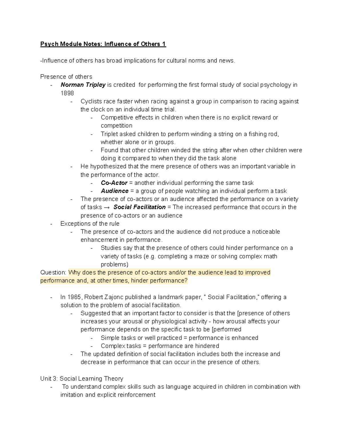 Psych Module Influence of Others 1 - Psych Module Notes: Influence of ...