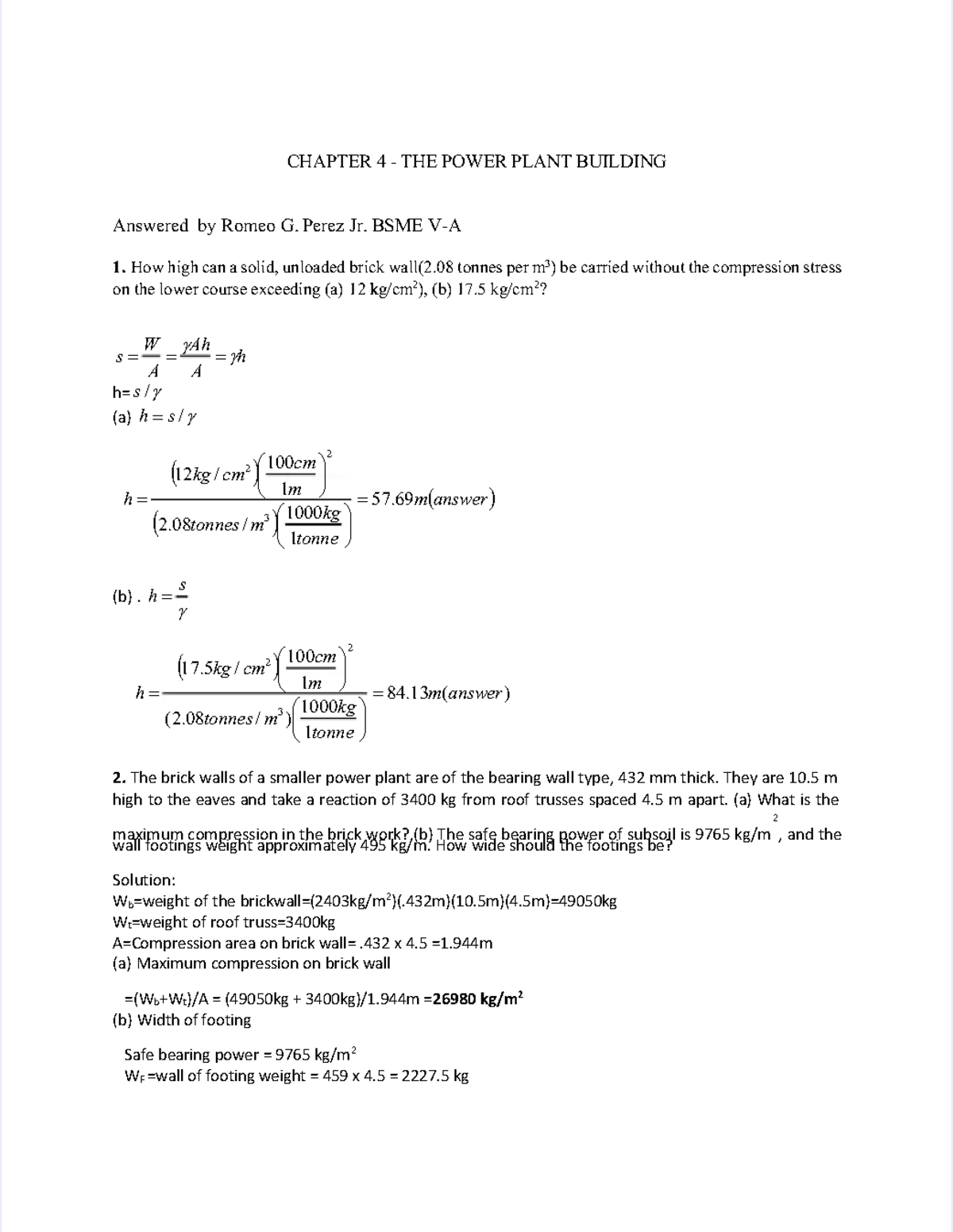 Chapter 4 Problems - CHAPTER 4 - THE POWER PLANT BUILDINGCHAPTER 4 ...