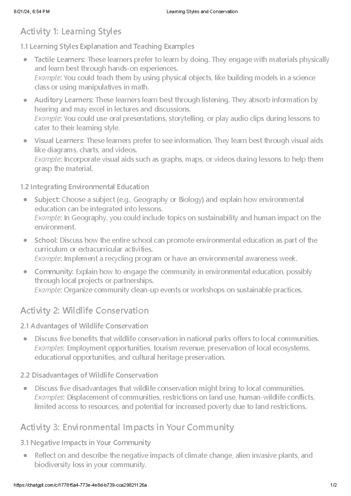 Assignment 04 answers - Activity 1: Learning Styles 1 Learning Styles ...