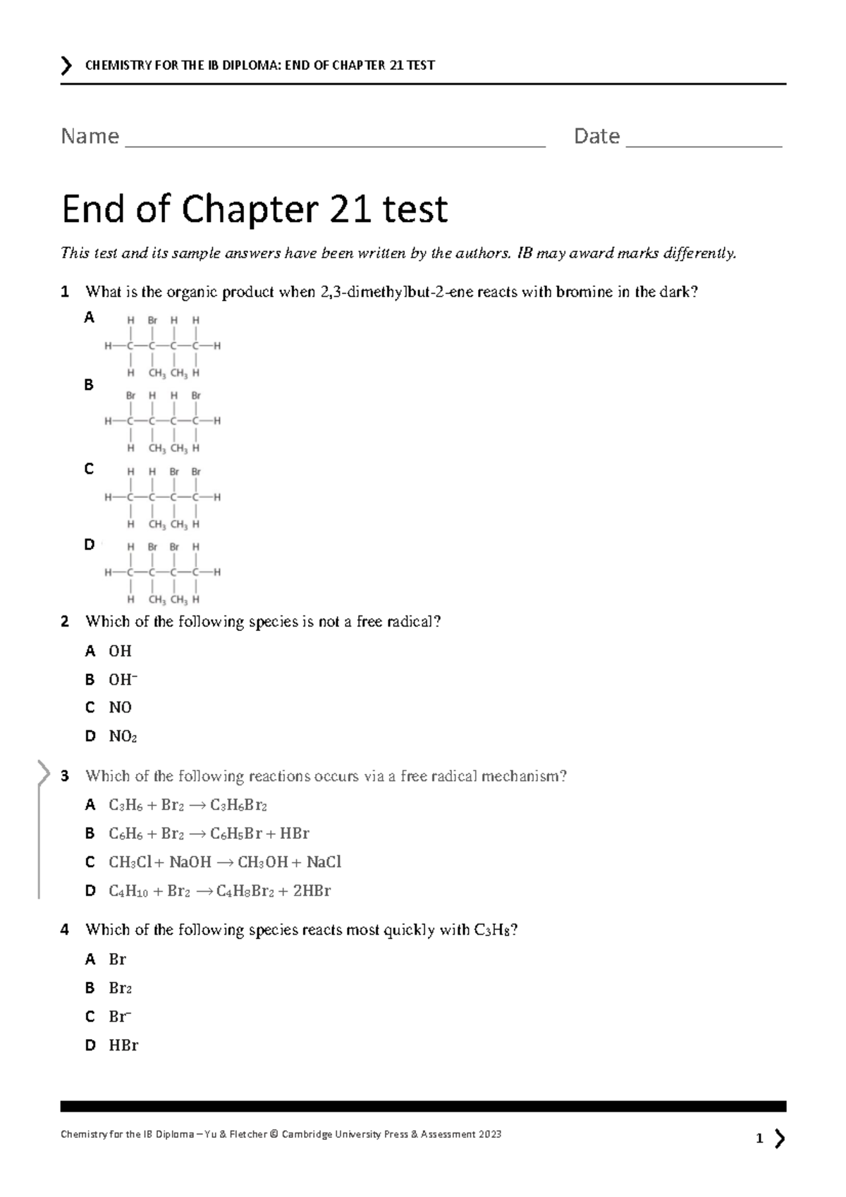 End of chapter 21 test - Cambridge Bonding Tests - CHEMISTRY FOR THE IB ...