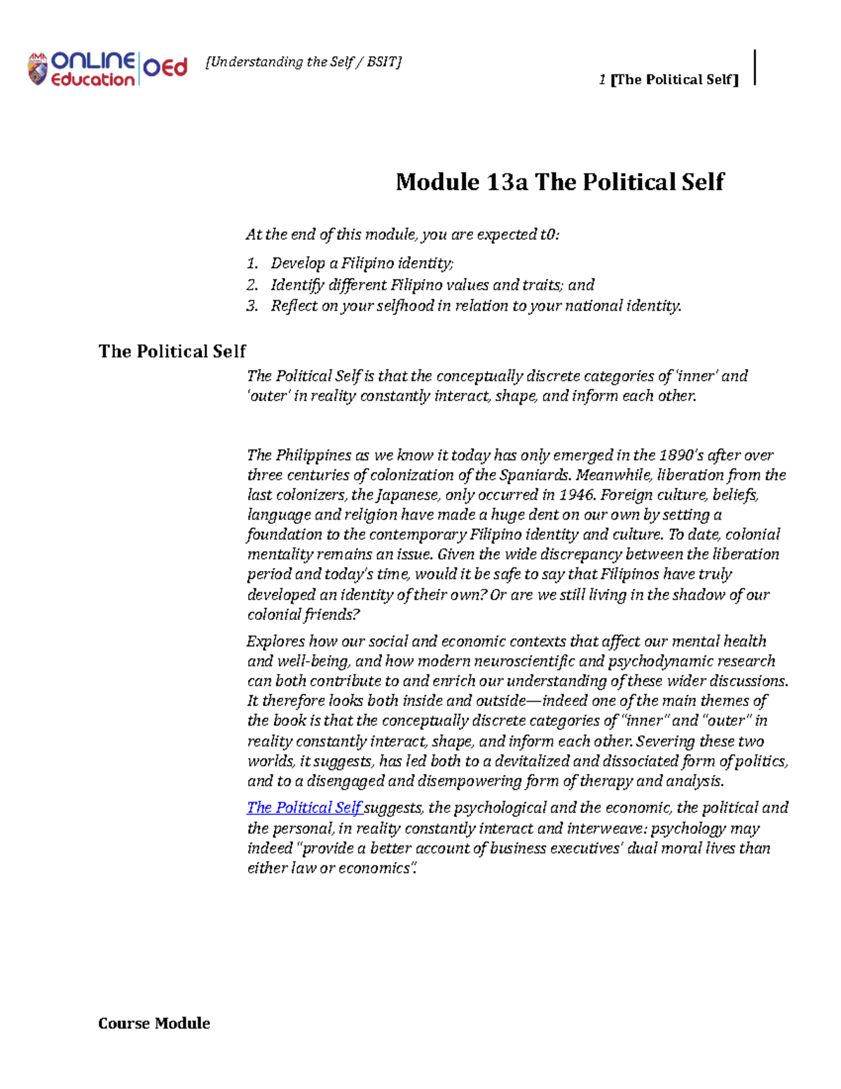 W12-Module 1 The Political Self - [Understanding the Self / BSIT] 1 ...