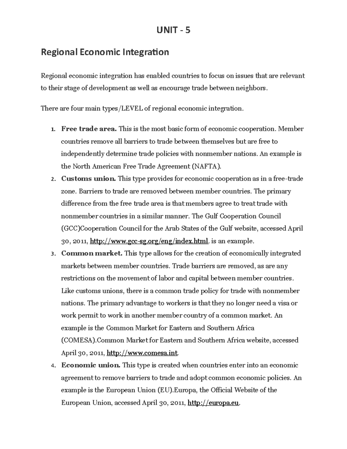 UNIT 5 IBM - sadf - UNIT - 5 Regional Economic Integration Regional ...