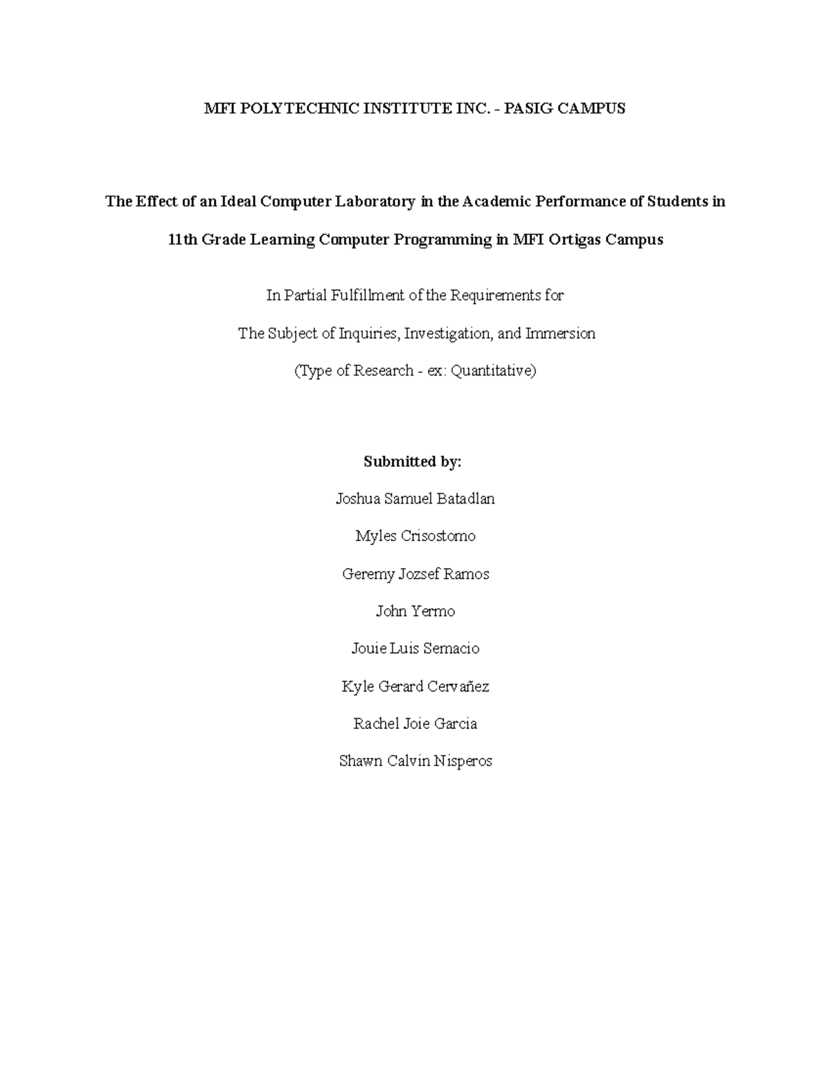 Group 1 - Chapter 1 - MFI POLYTECHNIC INSTITUTE INC. - PASIG CAMPUS The Effect of an Ideal ...