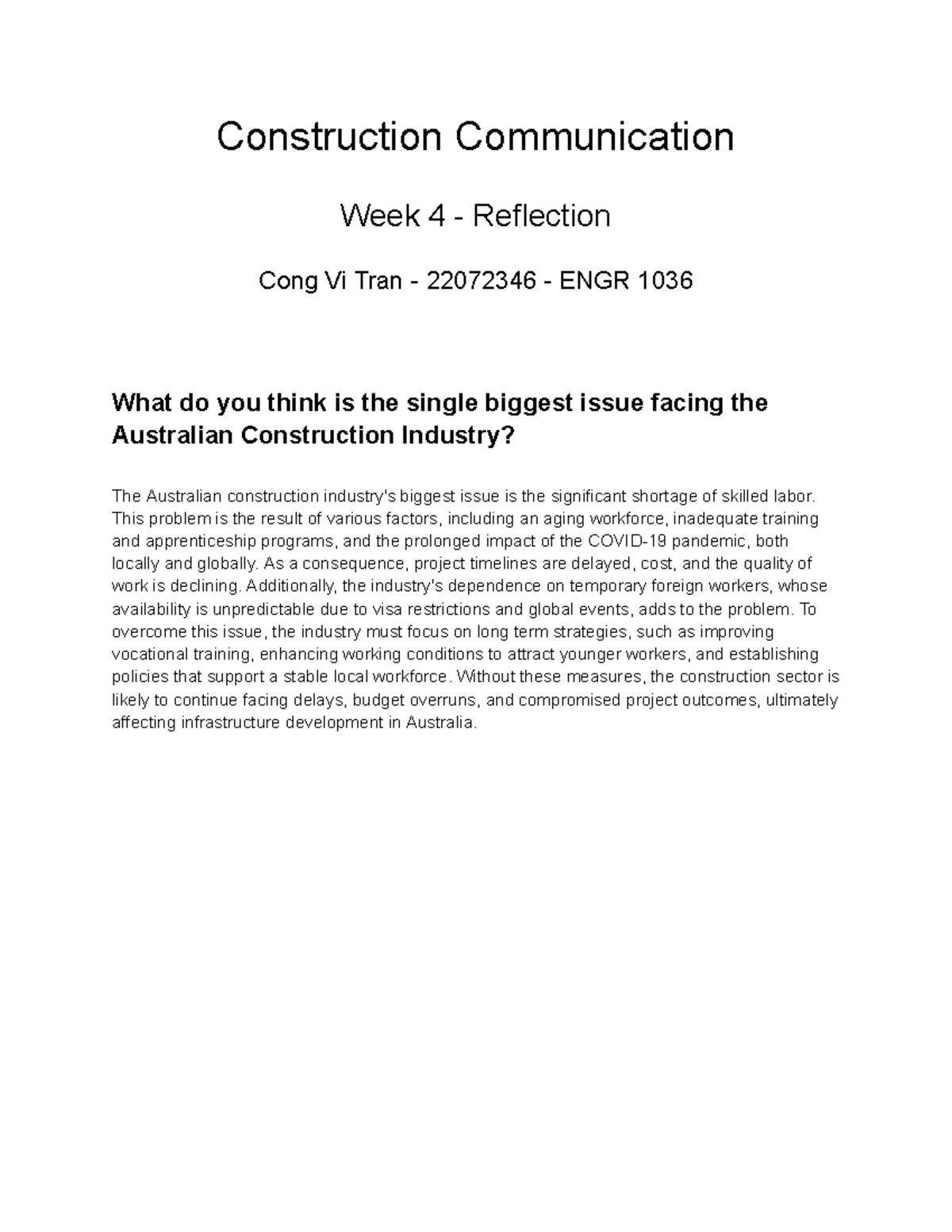 Week 4 Journal - Reflection - Construction Communication Week 4 ...