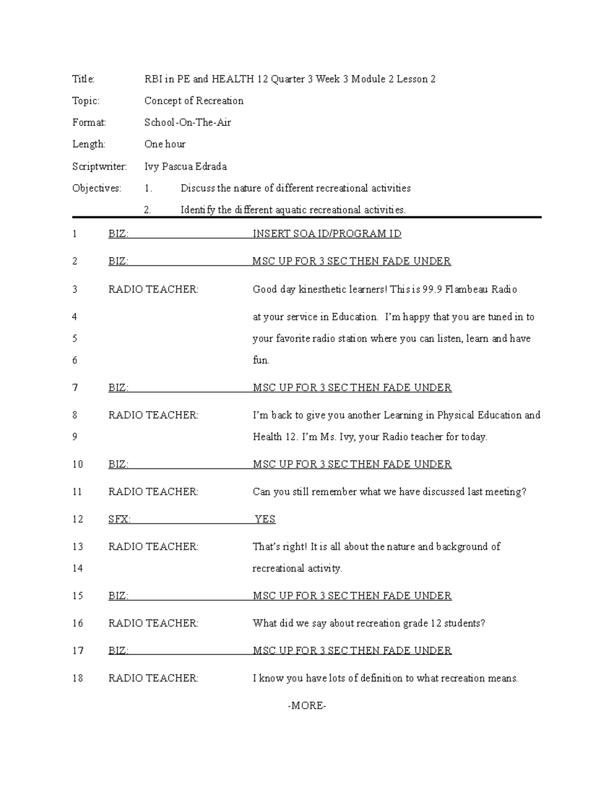 RBI Script 4th WEEK1 - just an example - Title: RBI in PE and HEALTH 12 ...