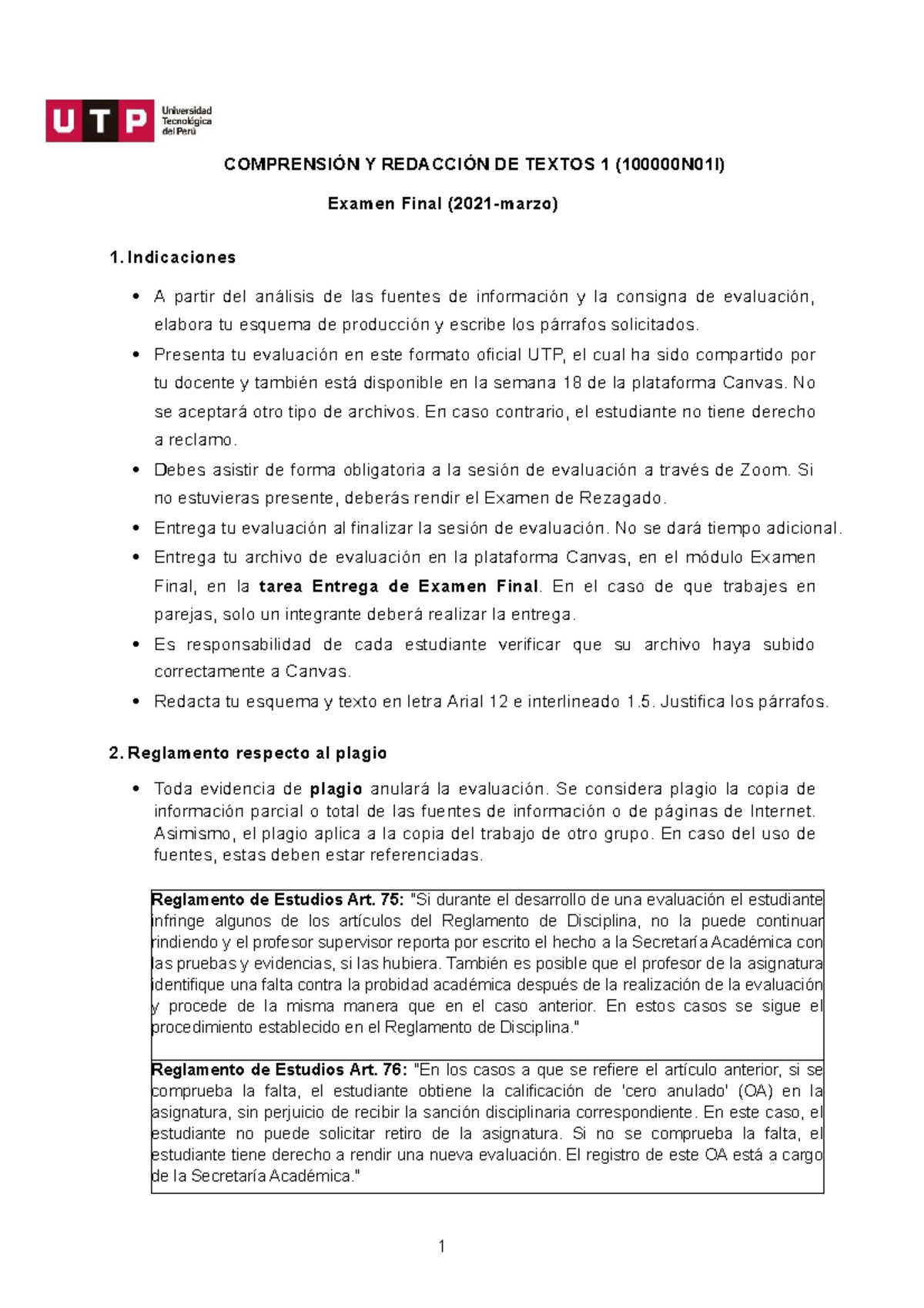 100000 N01I- Comprensión Y Redacción DE Textos 1- Examen Final- (Formato oficial UTP) (marzo ...