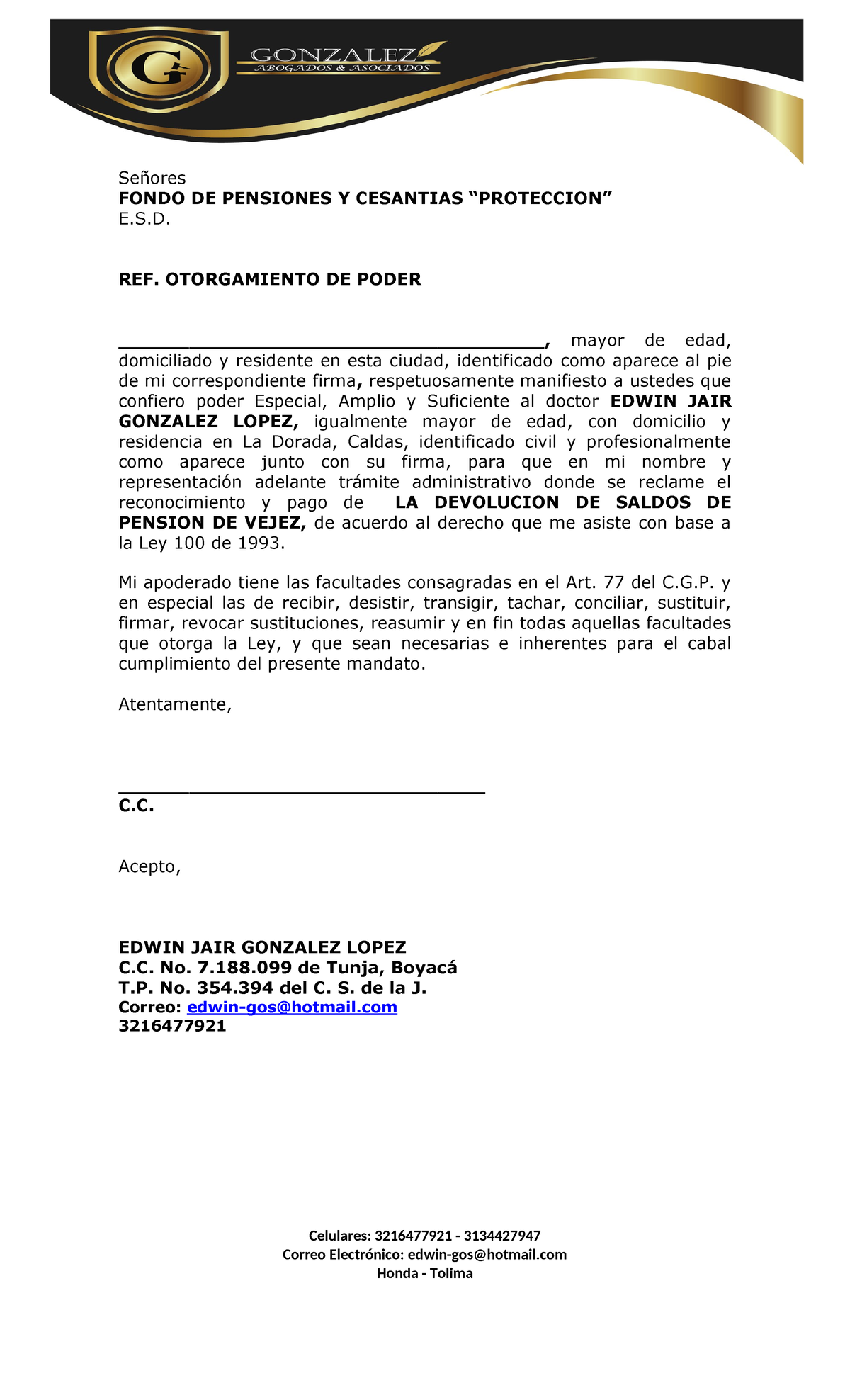 2. Poder Devolucion DE Saldos Proteccion - Señores FONDO DE PENSIONES Y CESANTIAS “PROTECCION” E ...