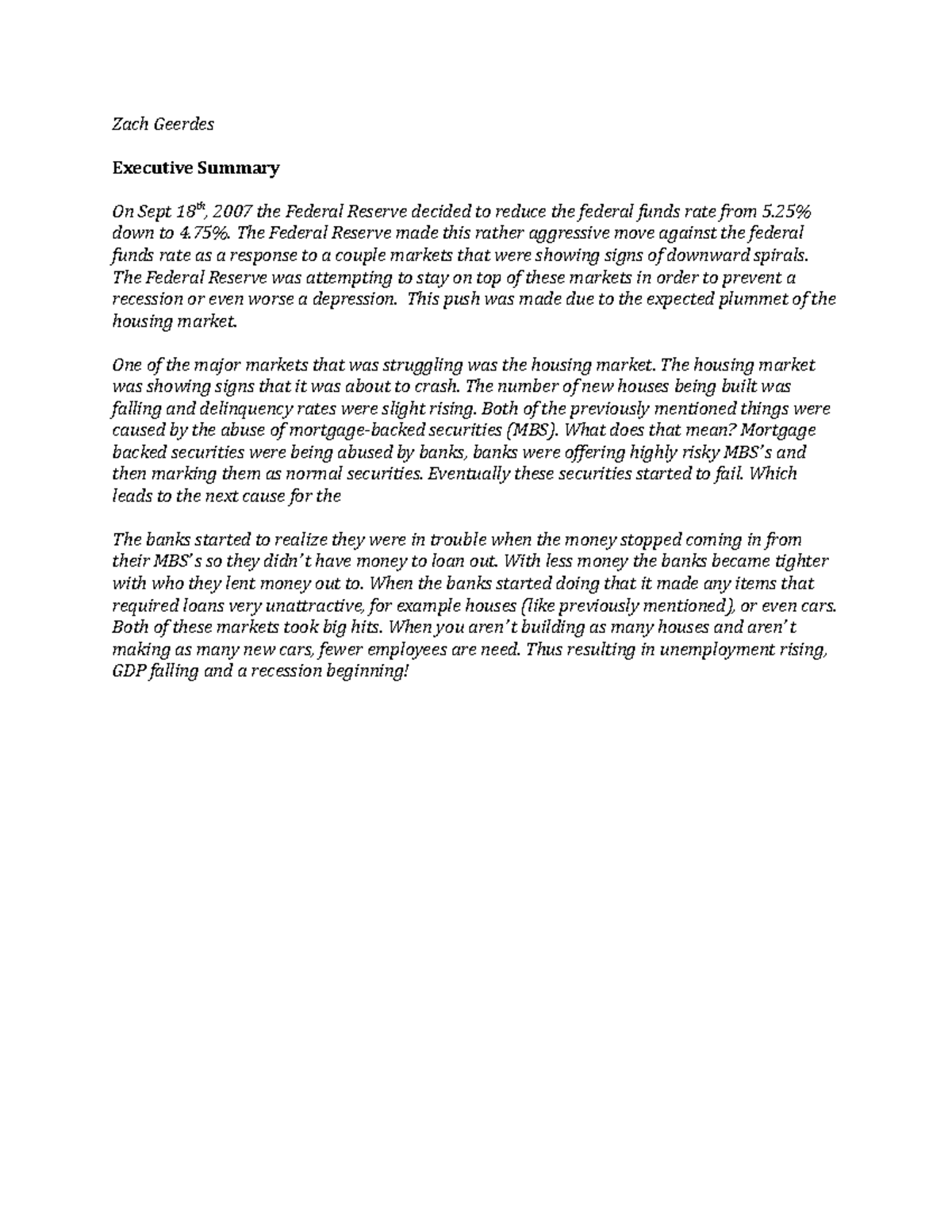 Monetary Policy Paper - Grade: A - Zach Geerdes Executive Summary On ...