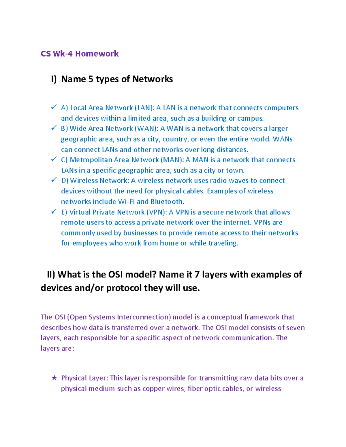 Document 35 (22) - Bob - CS Wk-4 Homework I) Name 5 types of Networks A ...