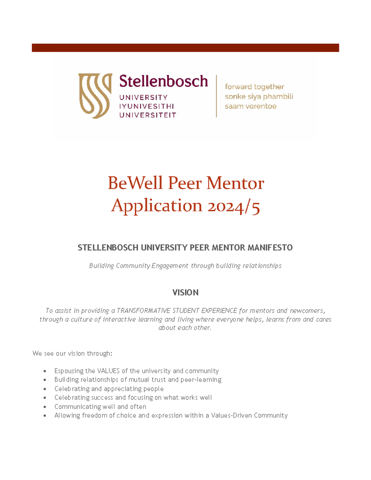 CV and motivational letter - BeWell Peer Mentor Application 2024/ STELLENBOSCH UNIVERSITY PEER ...